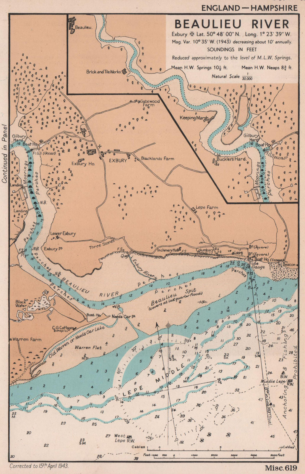 Beaulieu River & Exbury sea coast chart. Hampshire. ADMIRALTY 1943 old ...