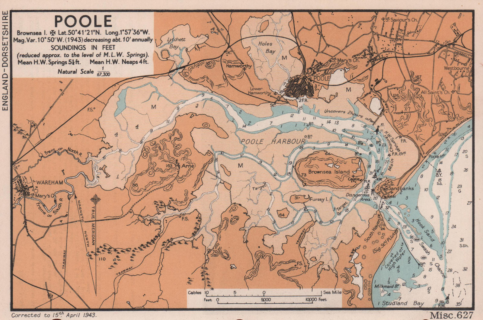 Poole harbour & Wareham sea coast chart. Dorset. ADMIRALTY 1943 old map ...