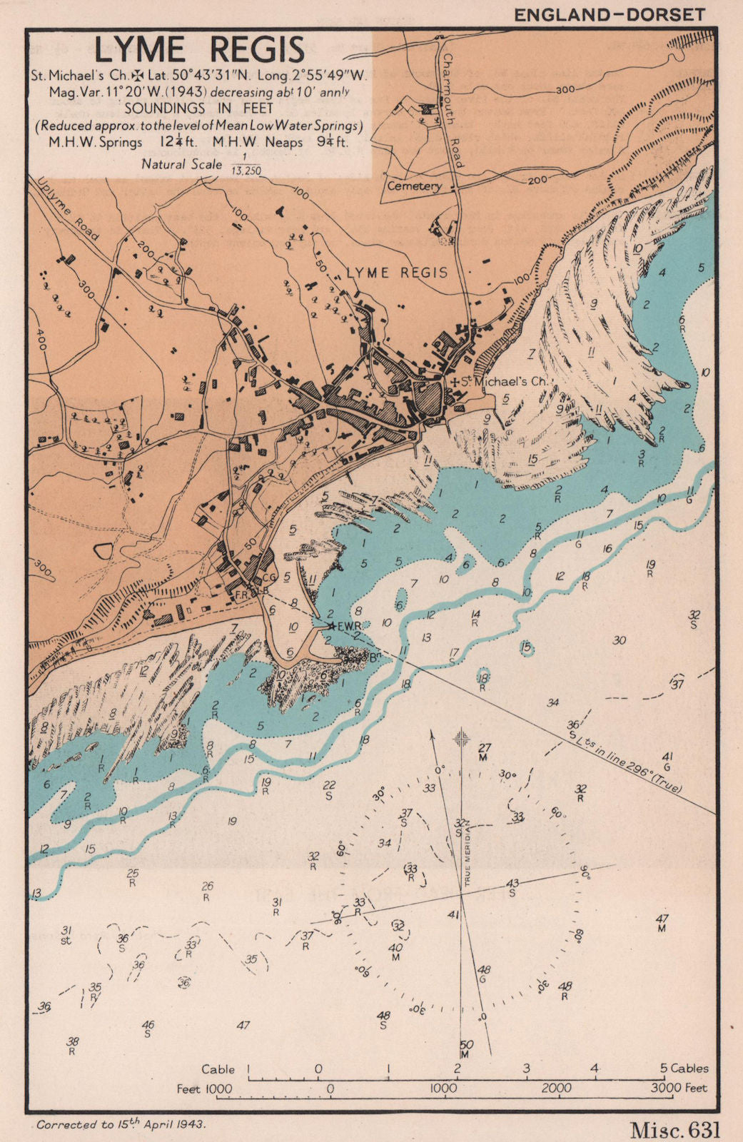 Lyme Regis sea coast chart. Dorset. ADMIRALTY 1943 old vintage map plan ...
