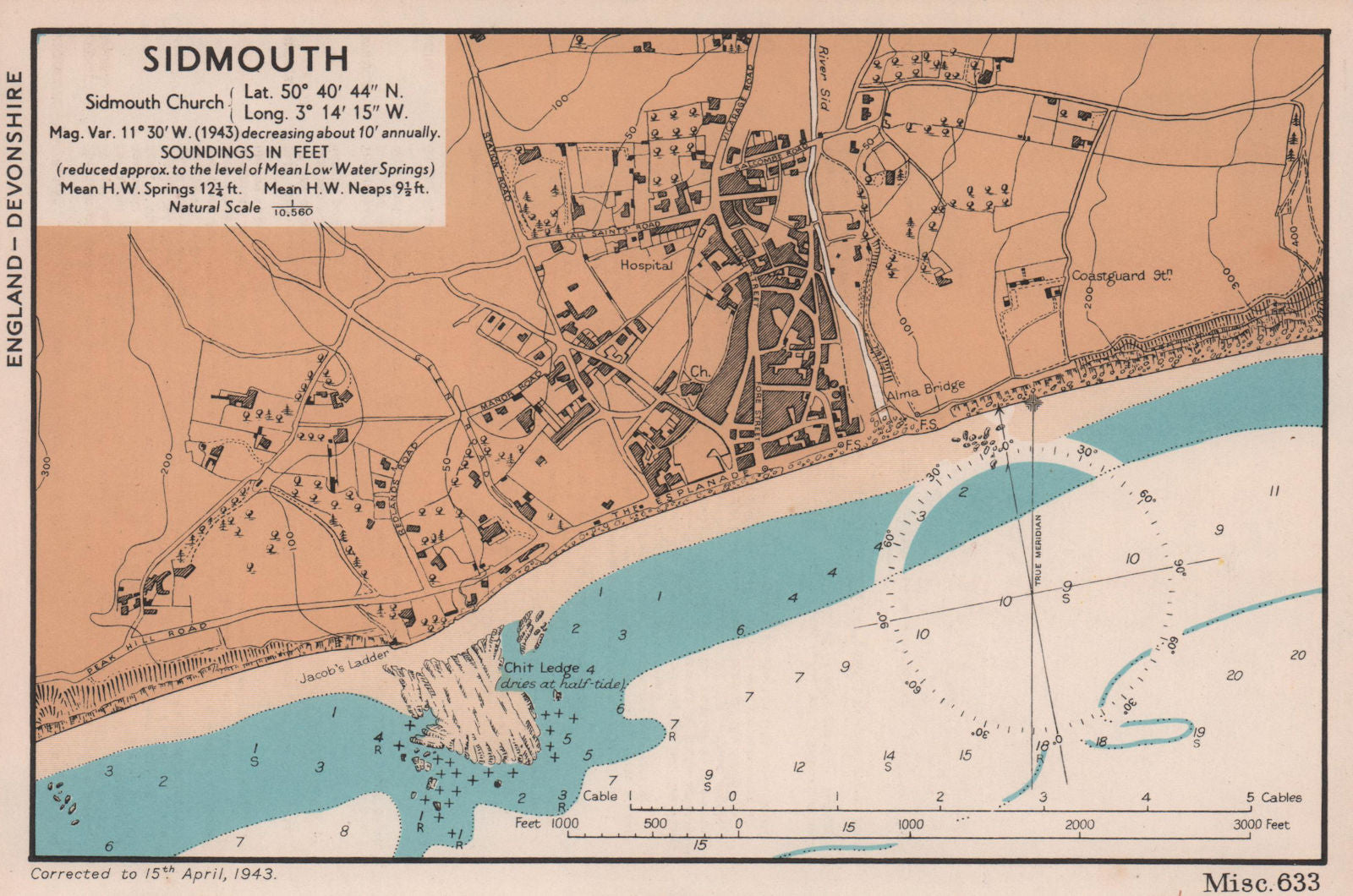 Sidmouth town plan & sea coast chart. Devon. ADMIRALTY 1943 old vintage ...