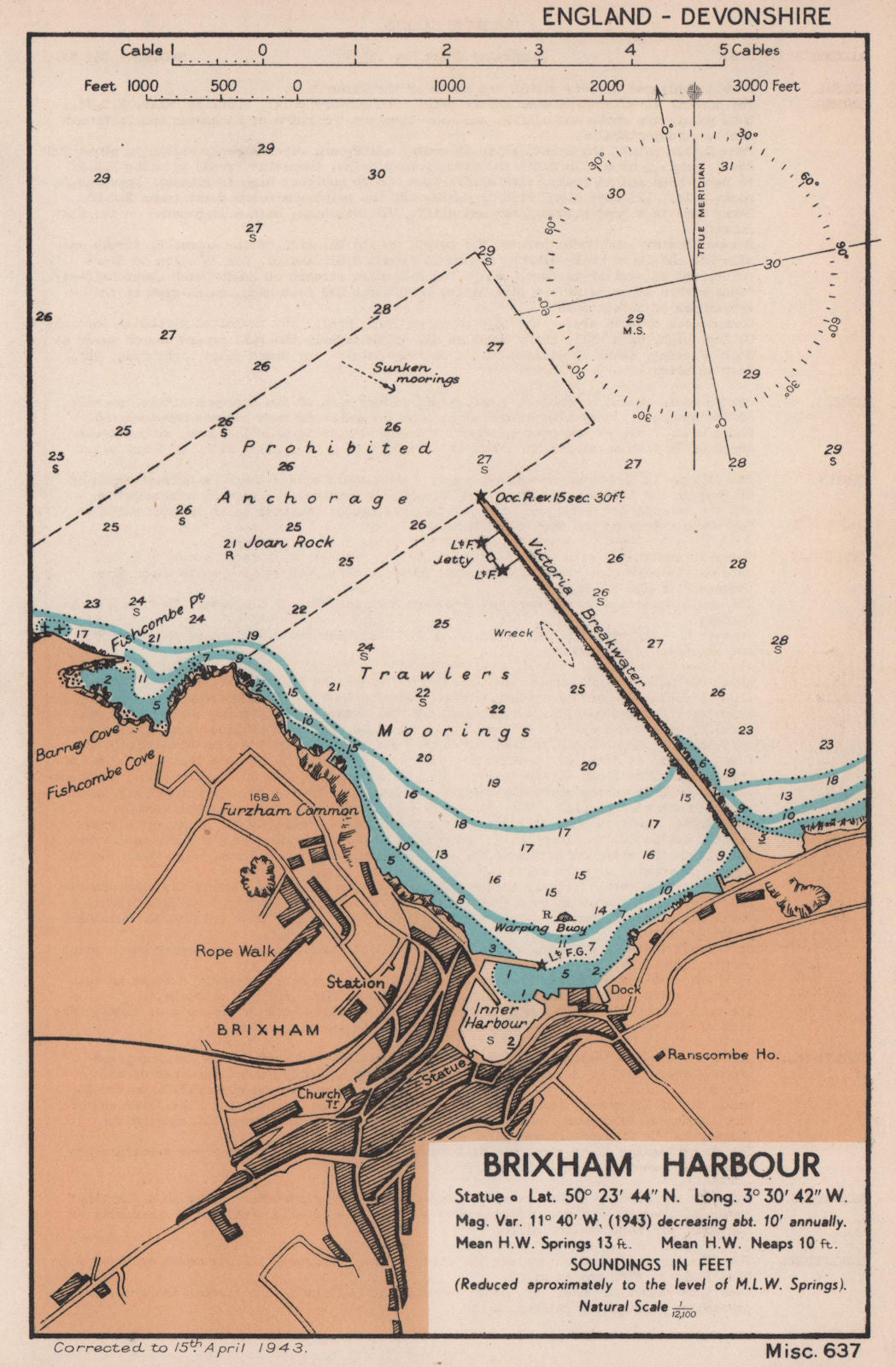 Brixham Harbour town plan & sea coast chart. Devon. ADMIRALTY 1943 old ...