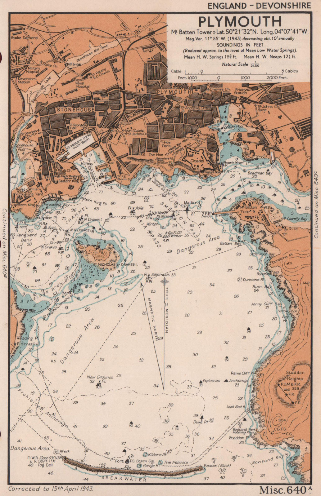 Plymouth town plan & sea coast chart. Devon. ADMIRALTY 1943 old vintage ...