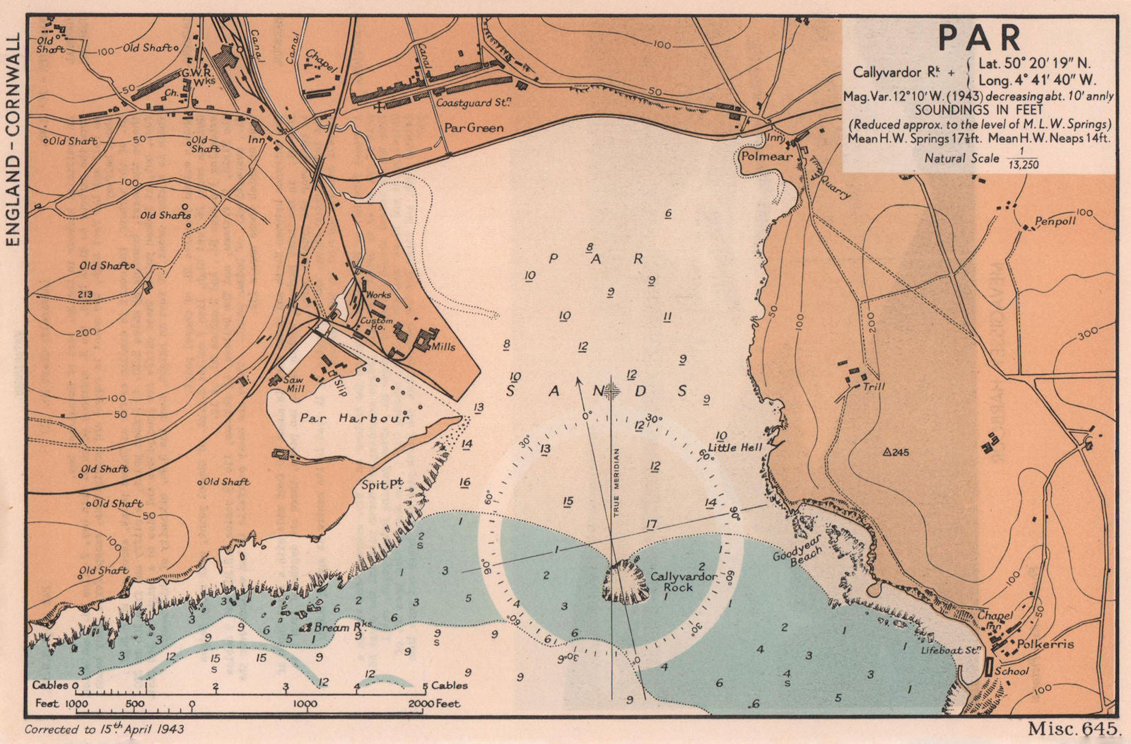 Par sands & harbour sea coast chart. Cornwall. ADMIRALTY 1943 old ...