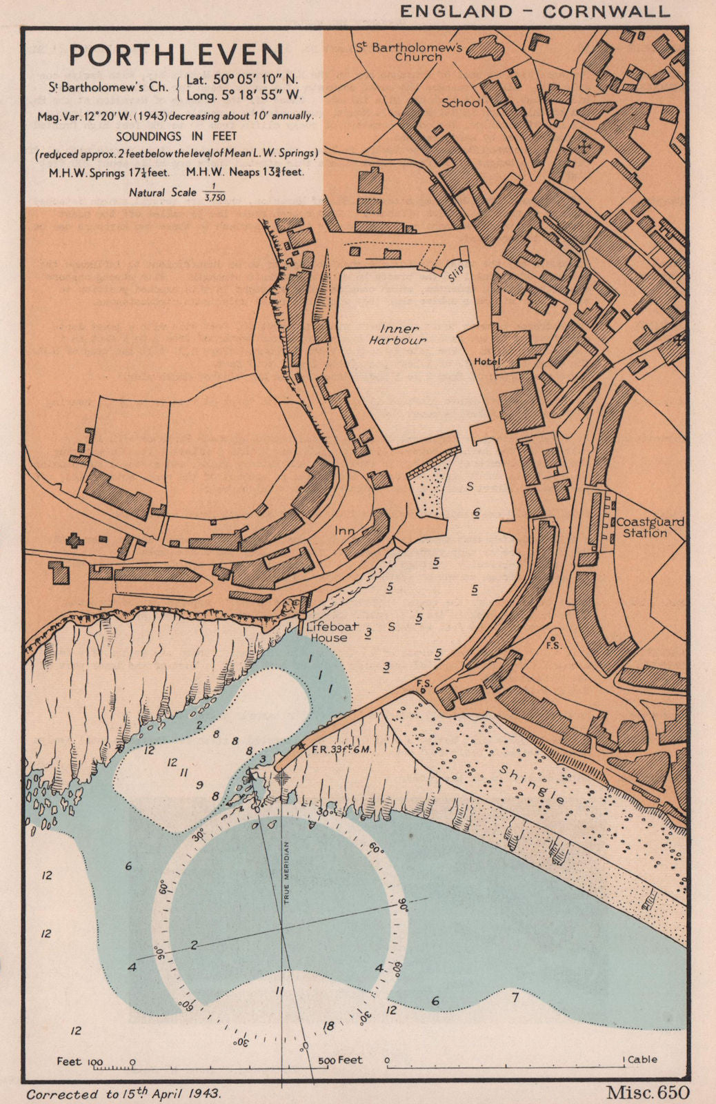 Porthleven town plan & sea coast chart. Cornwall. ADMIRALTY 1943 old ...