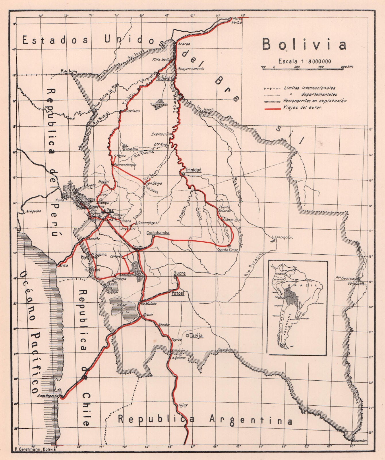 Bolivia by Roberto Gerstmann. Bolivia 1928 old vintage map plan chart ...