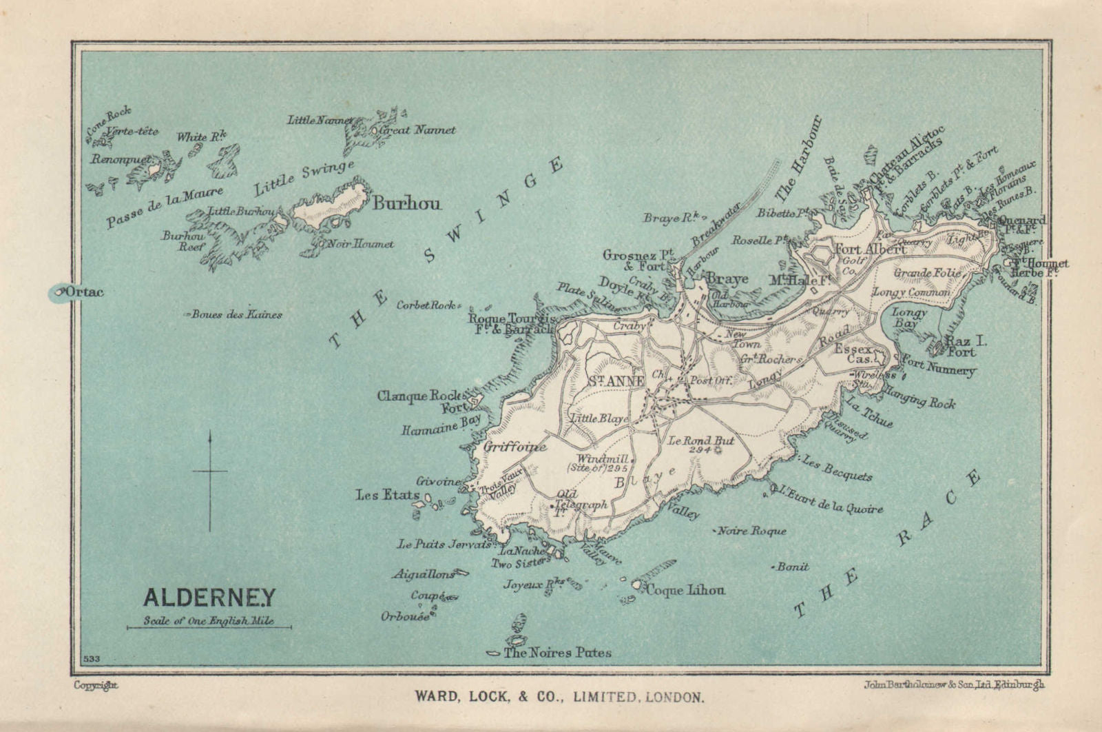 ALDERNEY vintage tourist map. Channel Islands. St Anne. WARD LOCK 1950 ...