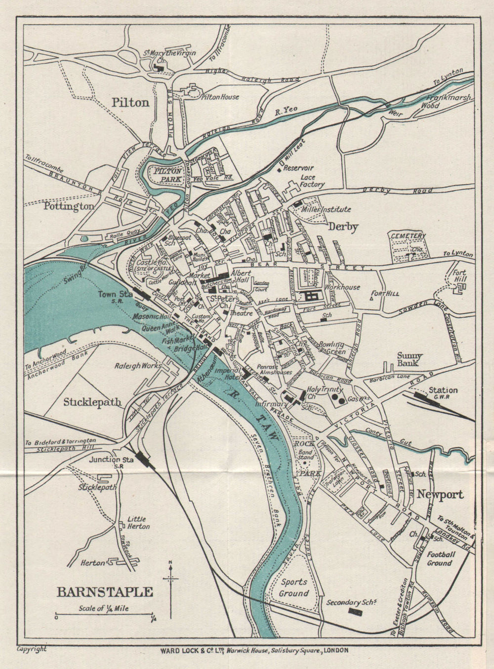 BARNSTAPLE vintage tourist town city resort plan. Devon. WARD LOCK 1926 ...
