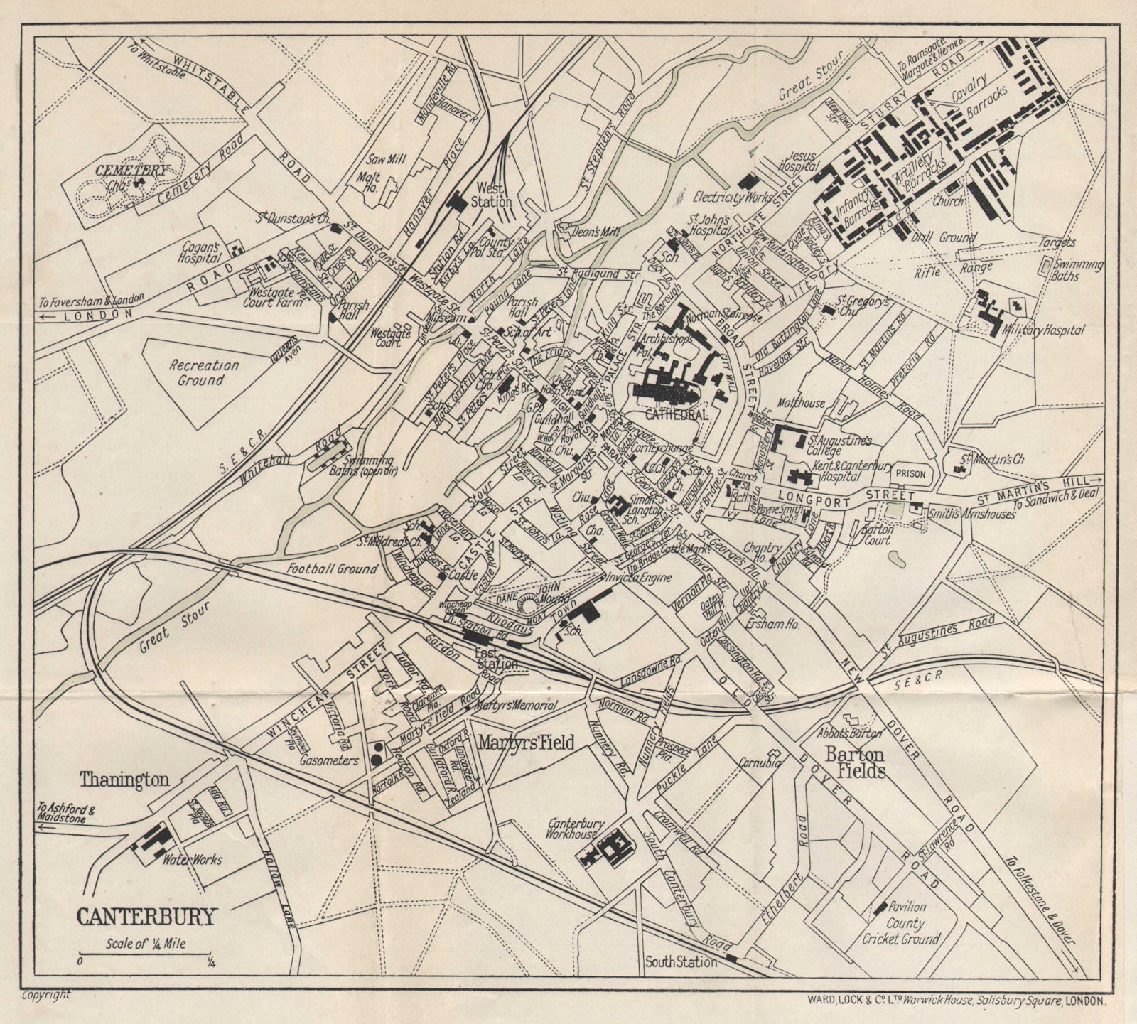 CANTERBURY vintage tourist town city plan. Kent. WARD LOCK 1919 old map ...