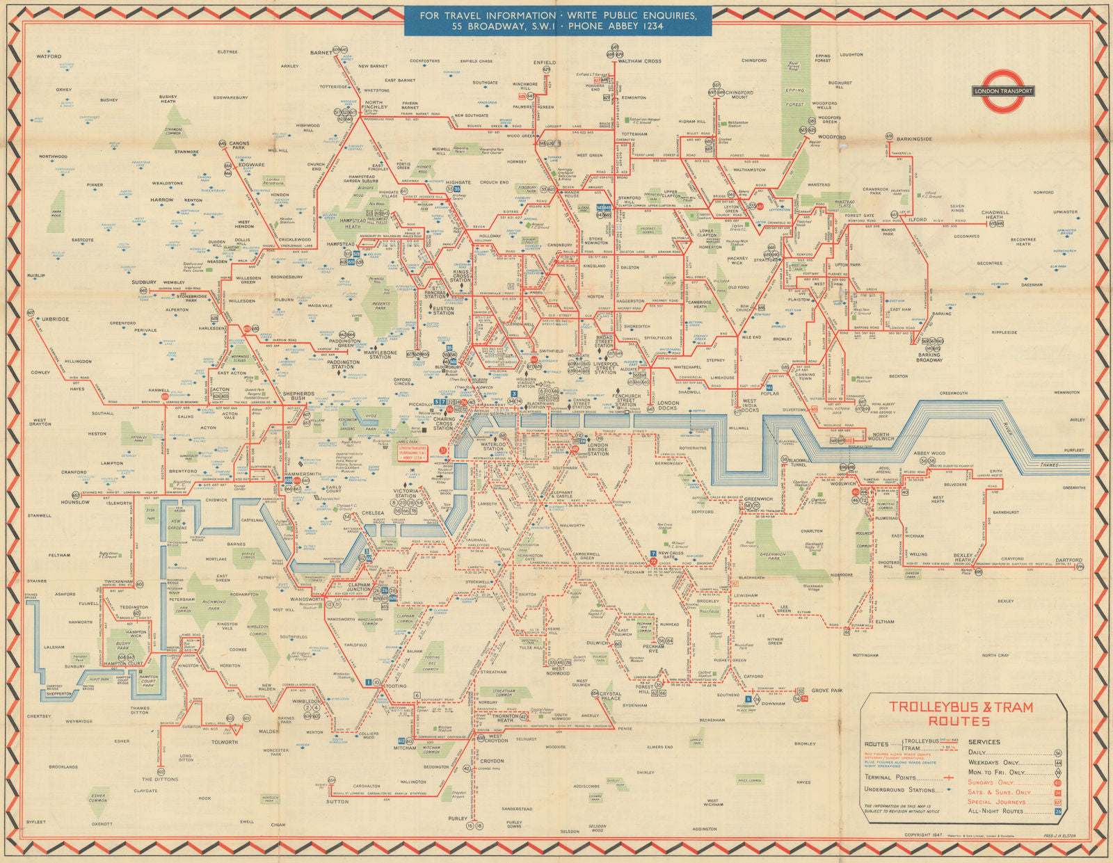 London Transport Trolleybus & Tram map of Routes. ELSTON. #2 1947 old ...