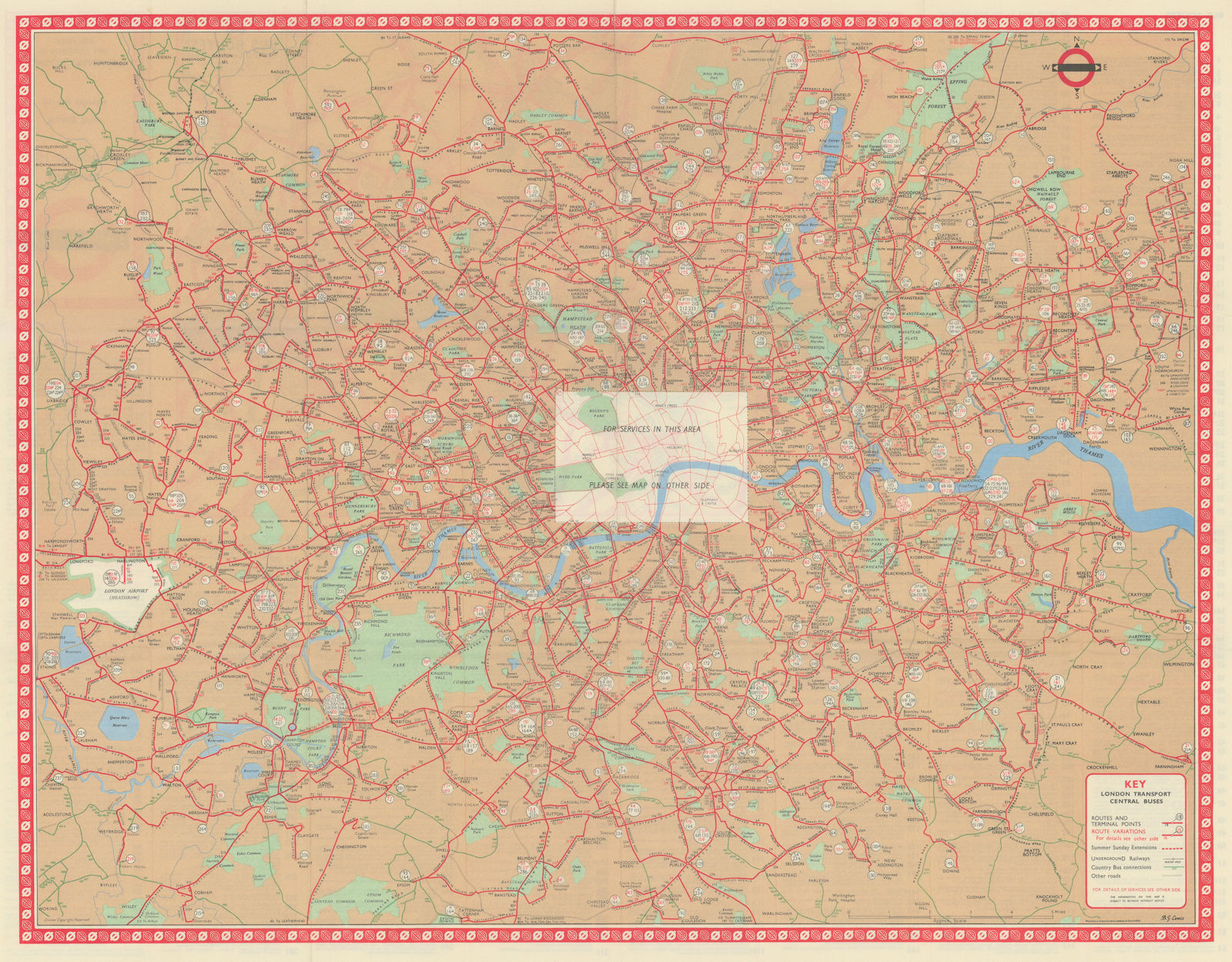 London Transport Central Buses map and list of routes. LEWIS #2 1963 ...