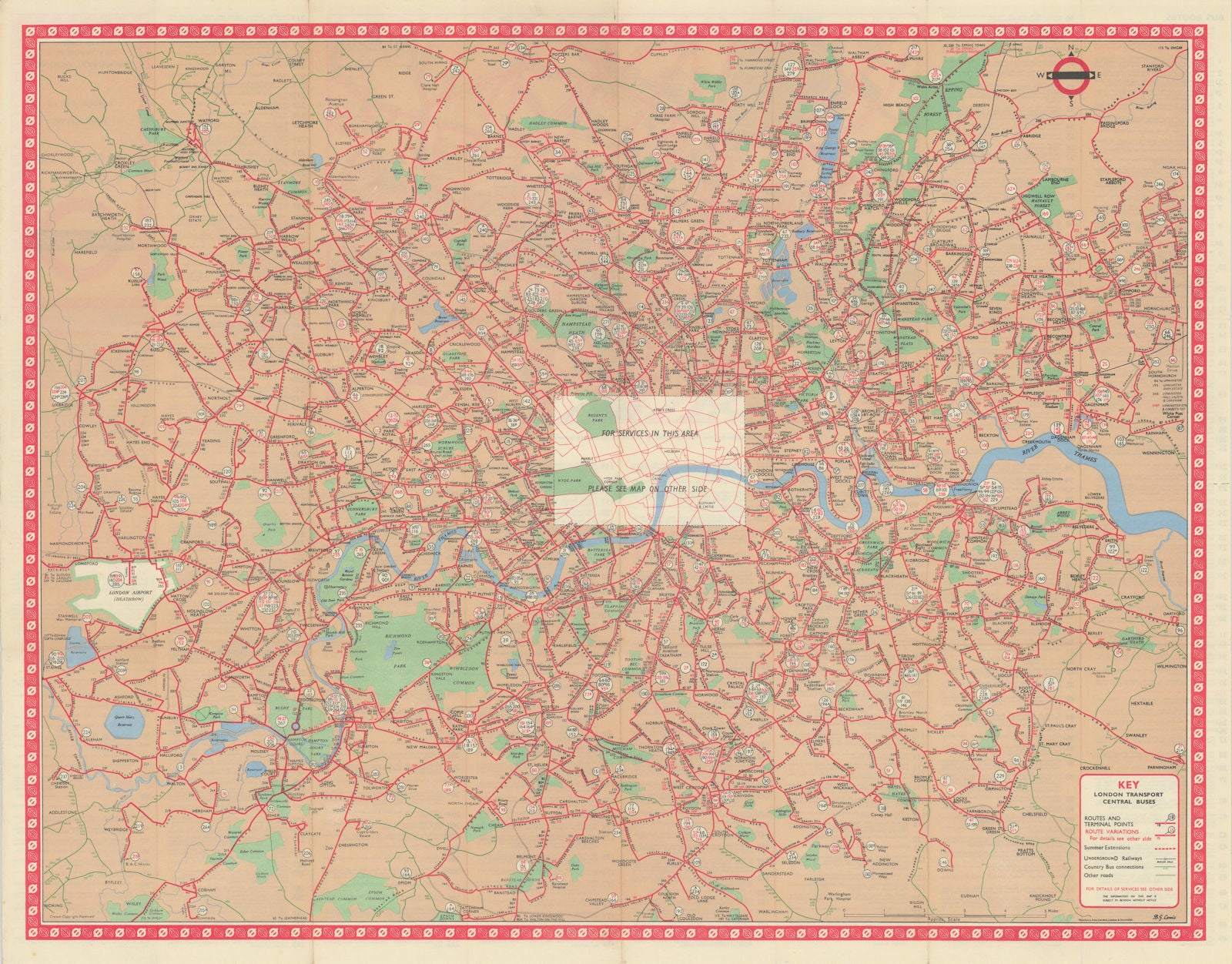 London Transport Central Buses map and list of routes. LEWIS #3 1964 ...