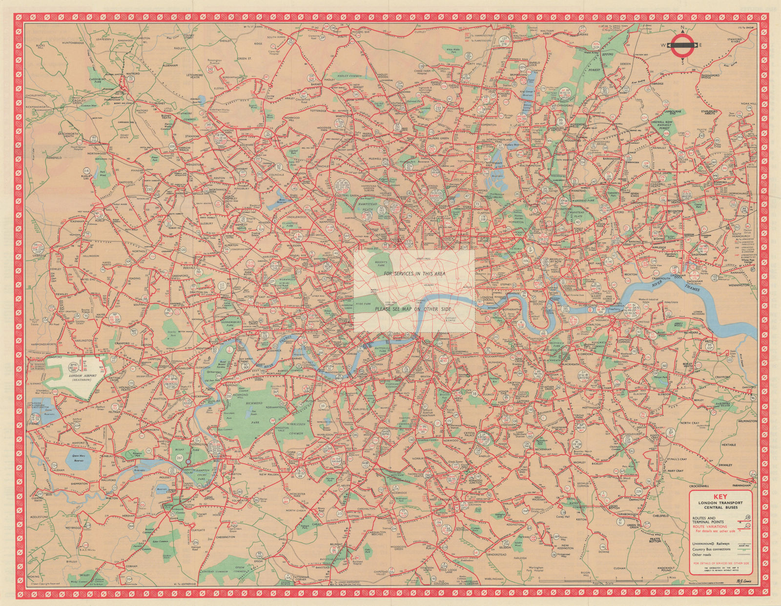 London Transport Central Buses map and list of routes. LEWIS #1 1966 ...