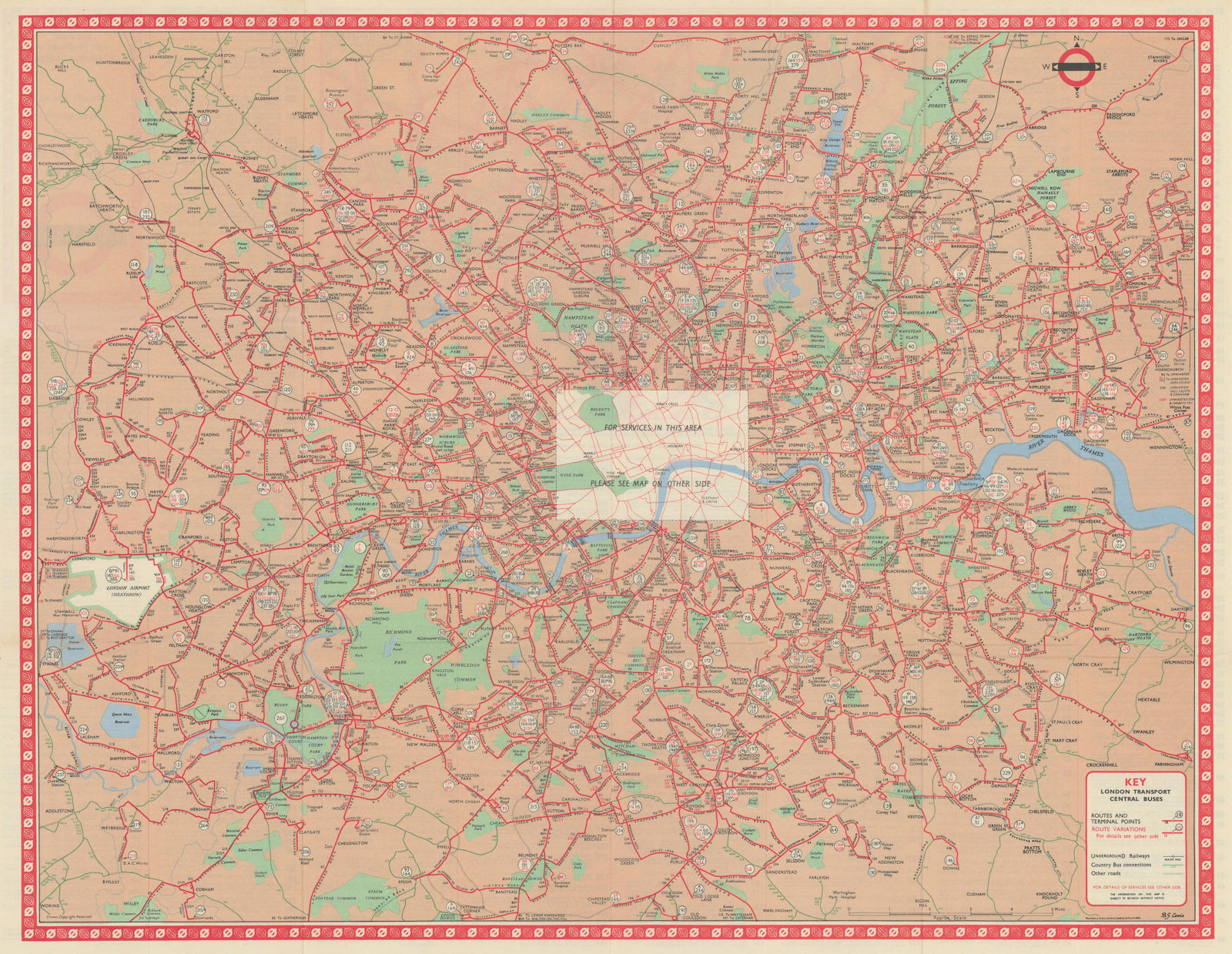 London Transport Central Buses map and list of routes. LEWIS #3 1966 ...
