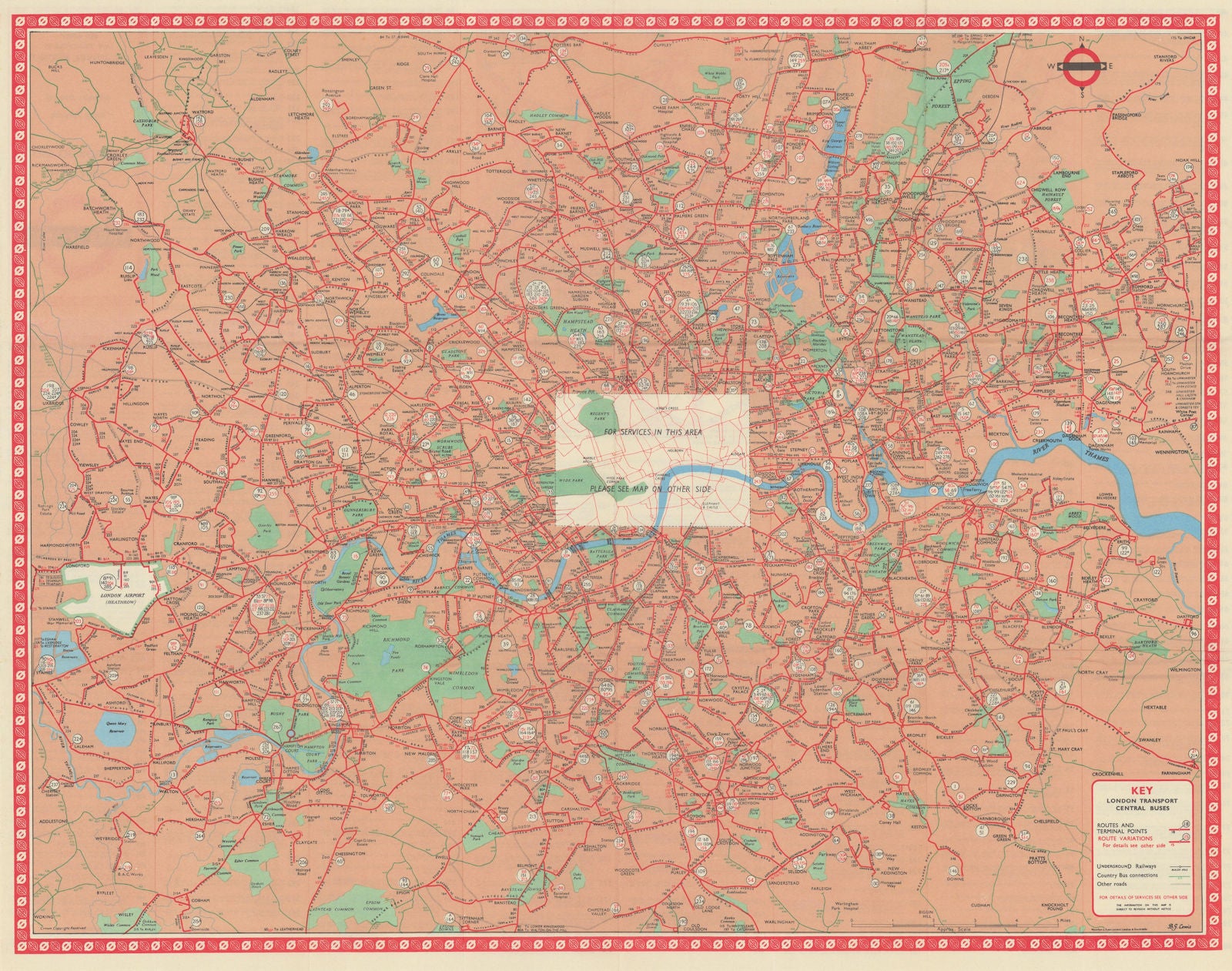 London Transport Central Buses map and list of routes. LEWIS #1 1967 ...