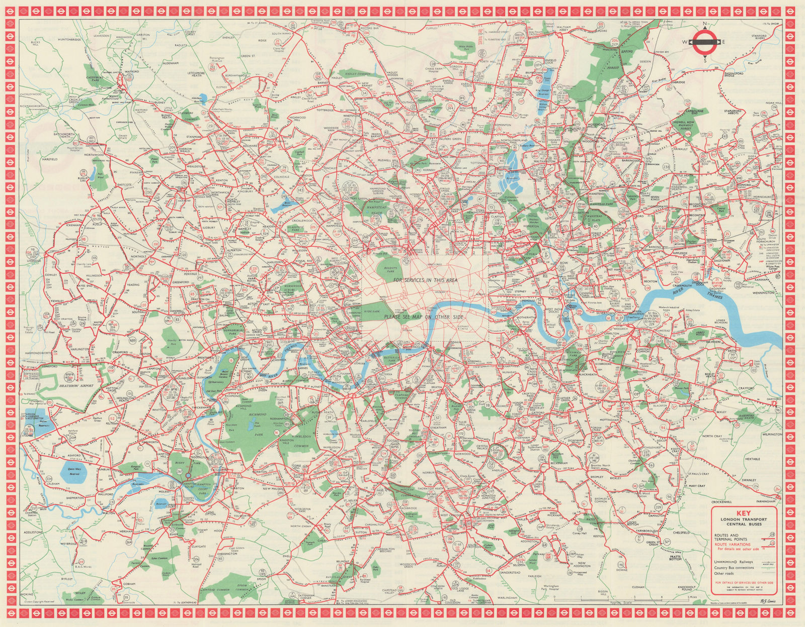 London Transport Central Buses map and list of routes. LEWIS #2 1969 ...