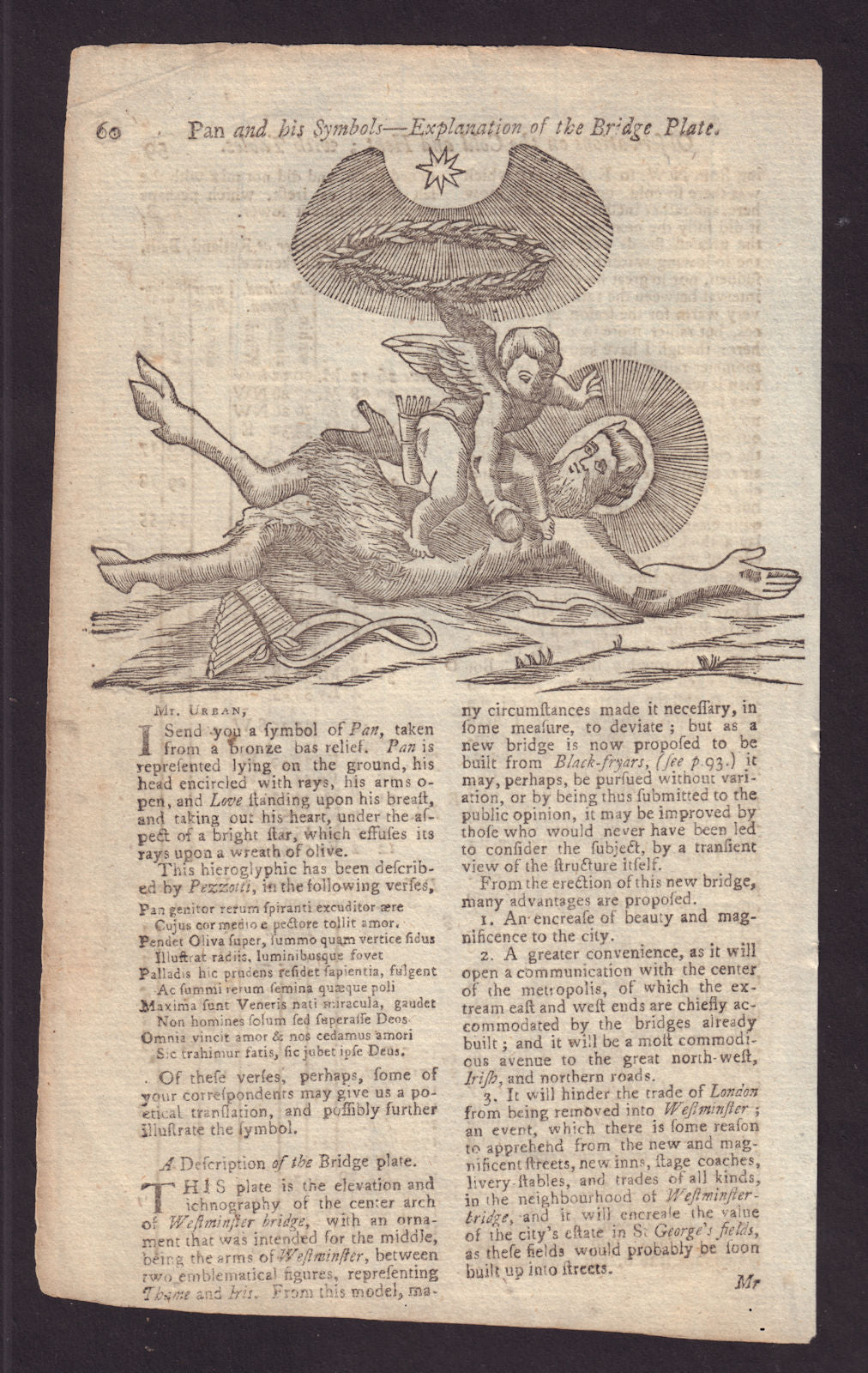 Ancient Figure of Pan and his Symbols. GENTS MAG 1754 old antique print ...