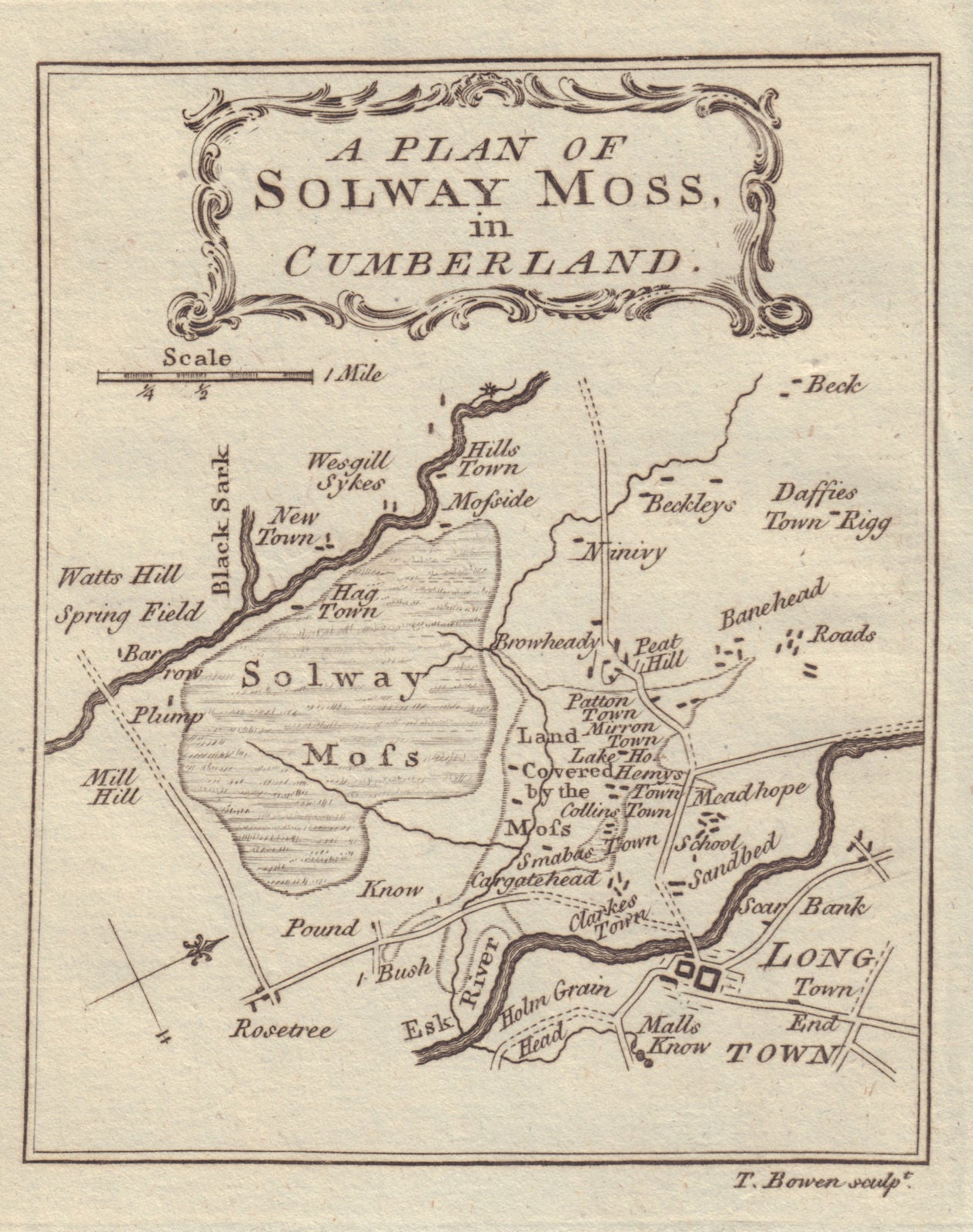 A Plan of Solway Moss in Cumberland. Longtown, Cumbria. BOWEN 1779 old ...