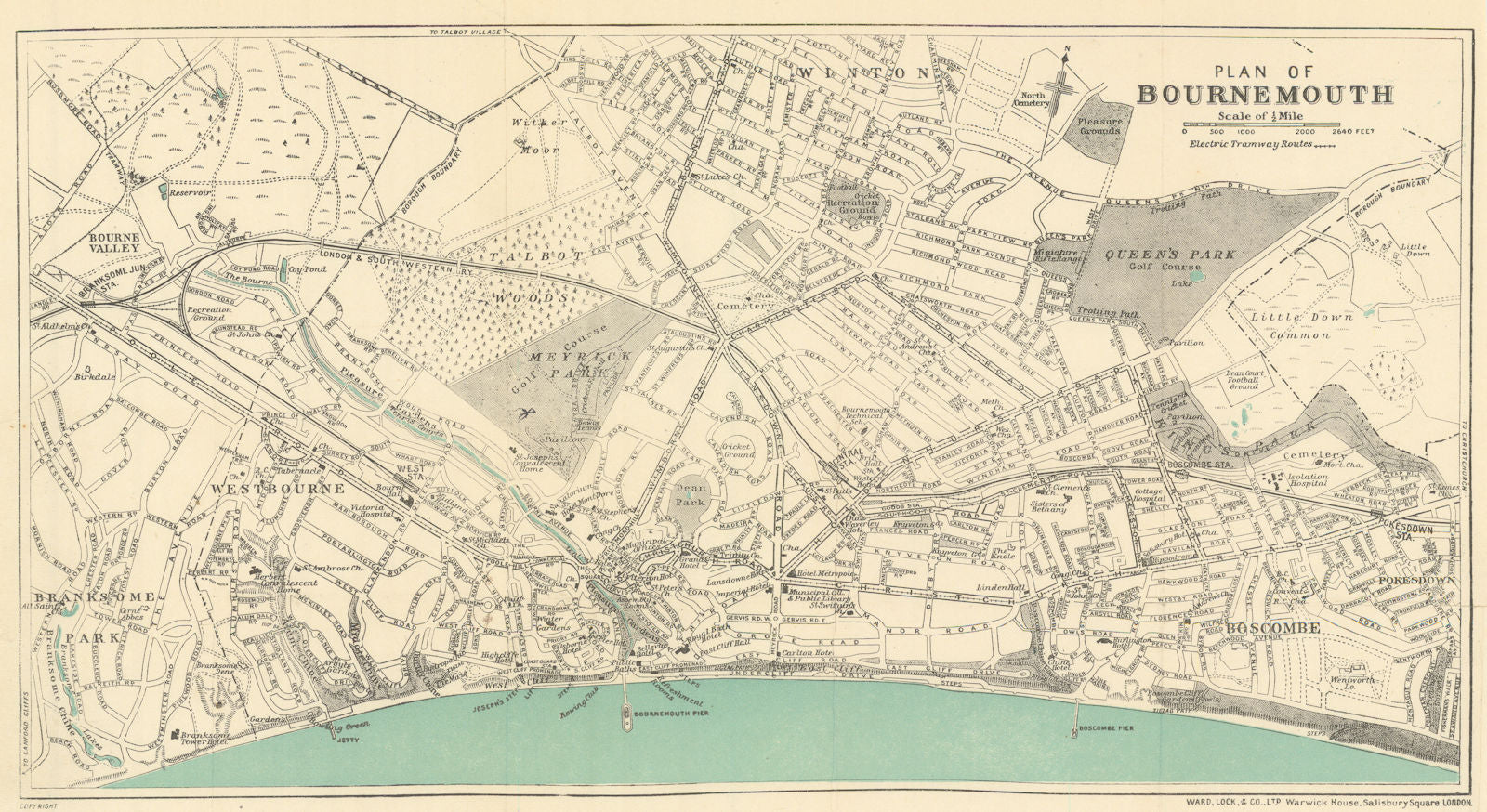 BOURNEMOUTH vintage town/city plan. Dorset. WARD LOCK 1921 old antique ...
