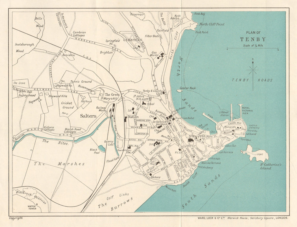 TENBY vintage tourist town city resort plan. Wales. WARD LOCK 1925 old ...