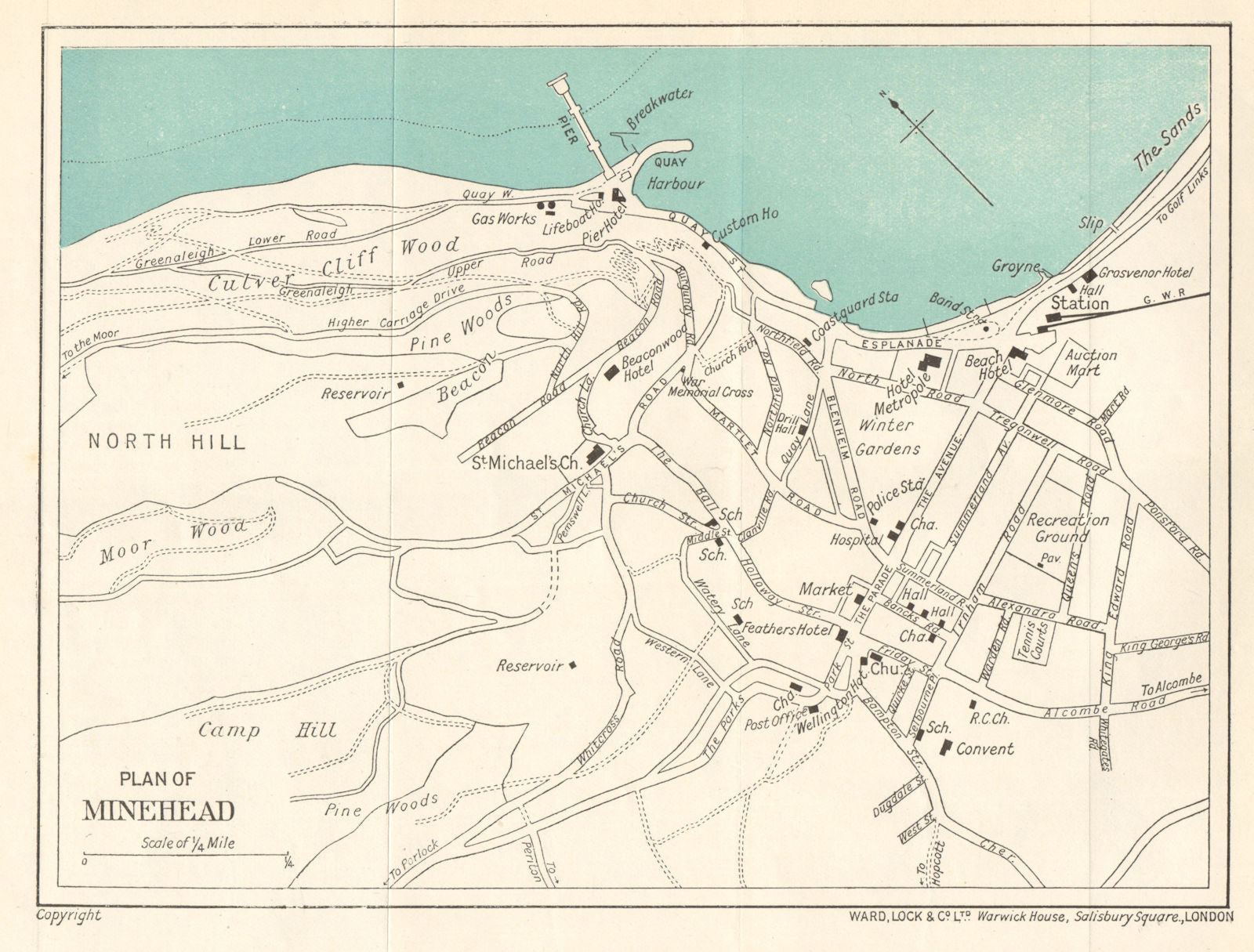 MINEHEAD vintage town/city plan. Somerset. WARD LOCK 1926 old vintage ...