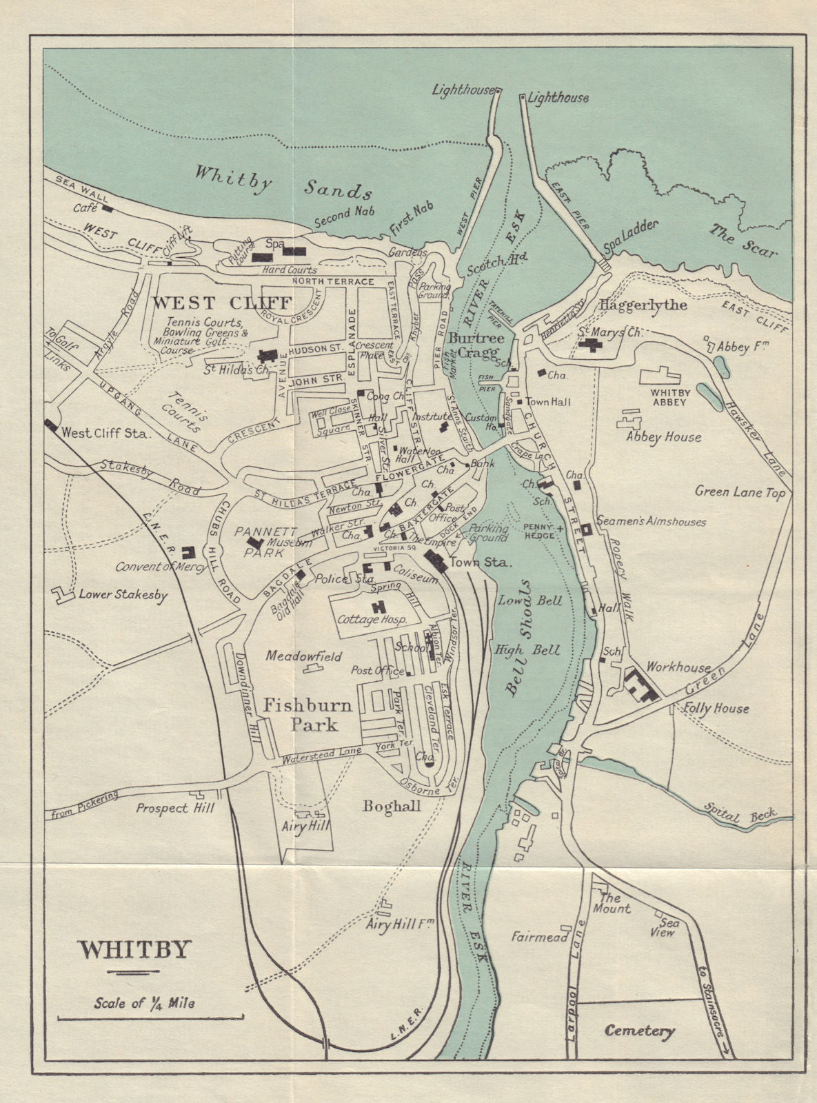 WHITBY vintage town/city plan. Yorkshire. WARD LOCK 1933 old vintage ...