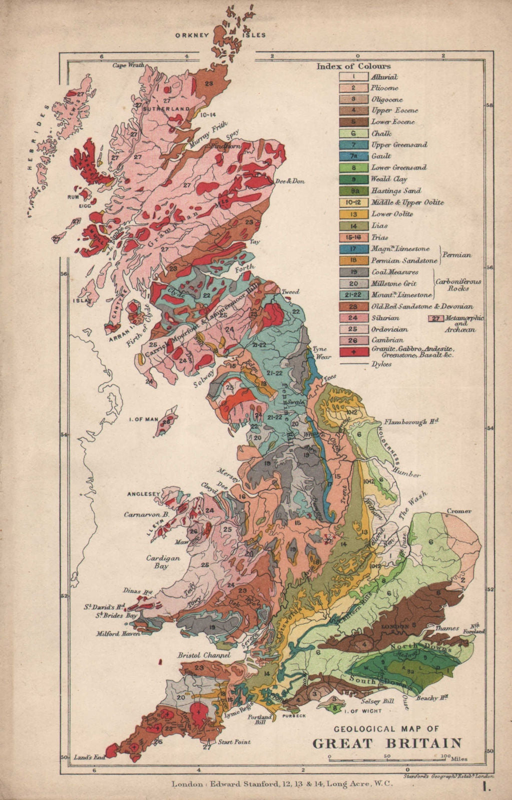 UK Geological map of Great Britain 1907 old antique vintage plan chart ...
