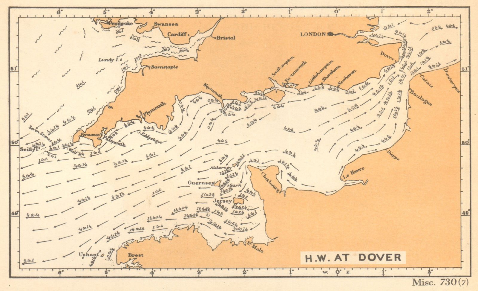 English Channel currents high water at Dover. ADMIRALTY 1943 old ...