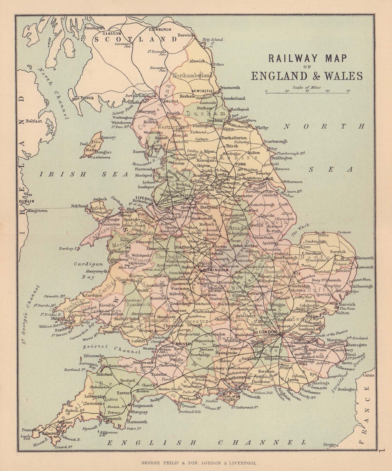 GREAT BRITAIN RAILWAYS. Railway map of England & Wales. PHILIP 1885 old ...