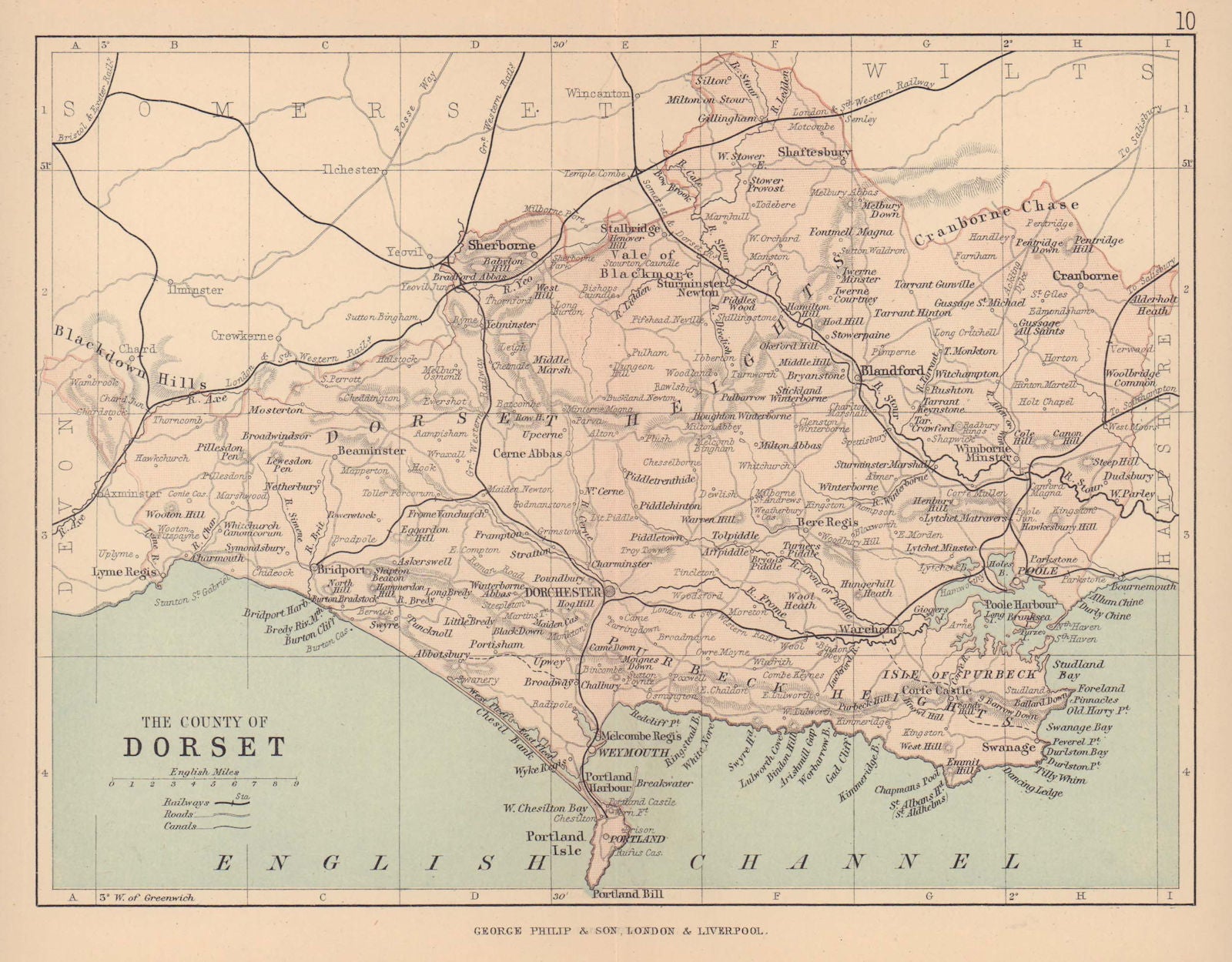 DORSET. Antique county map. Railways roads canals. PHILIP 1885 old ...