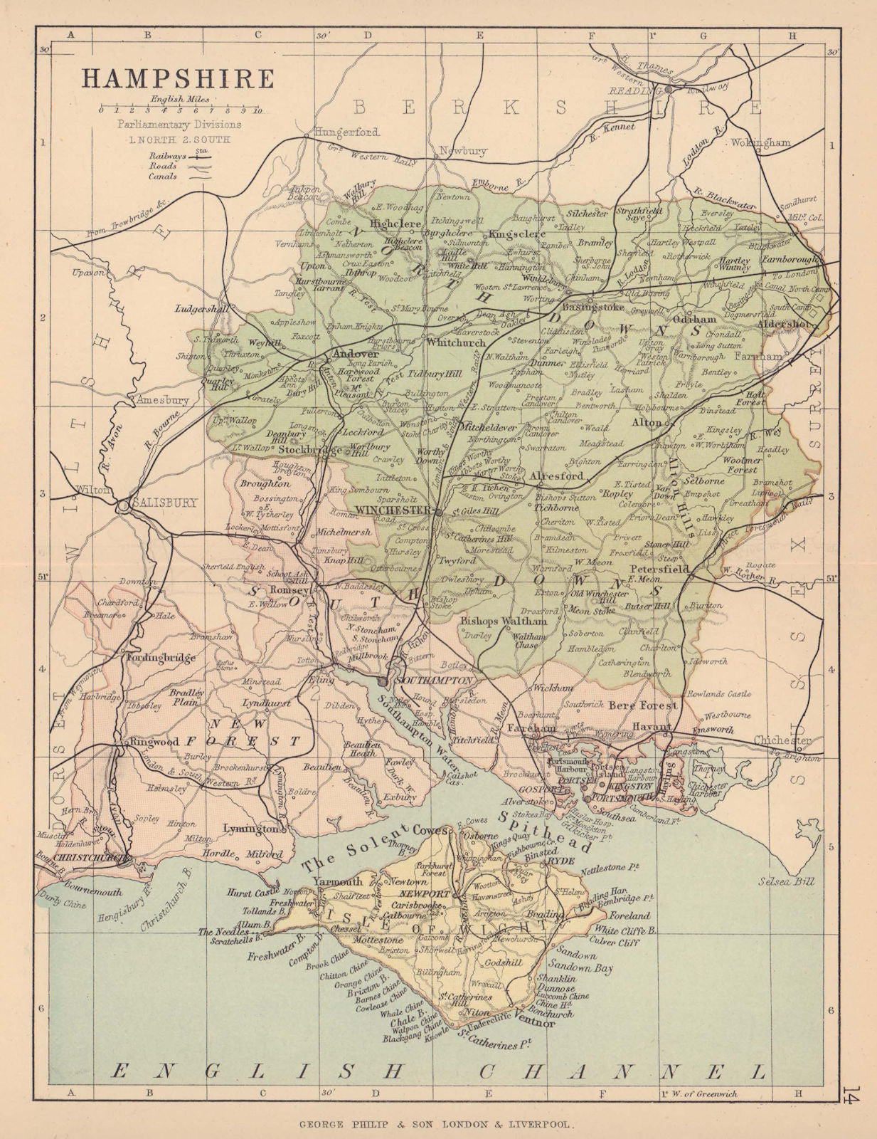 HAMPSHIRE. Antique county map. Railways roads canals constituencies ...