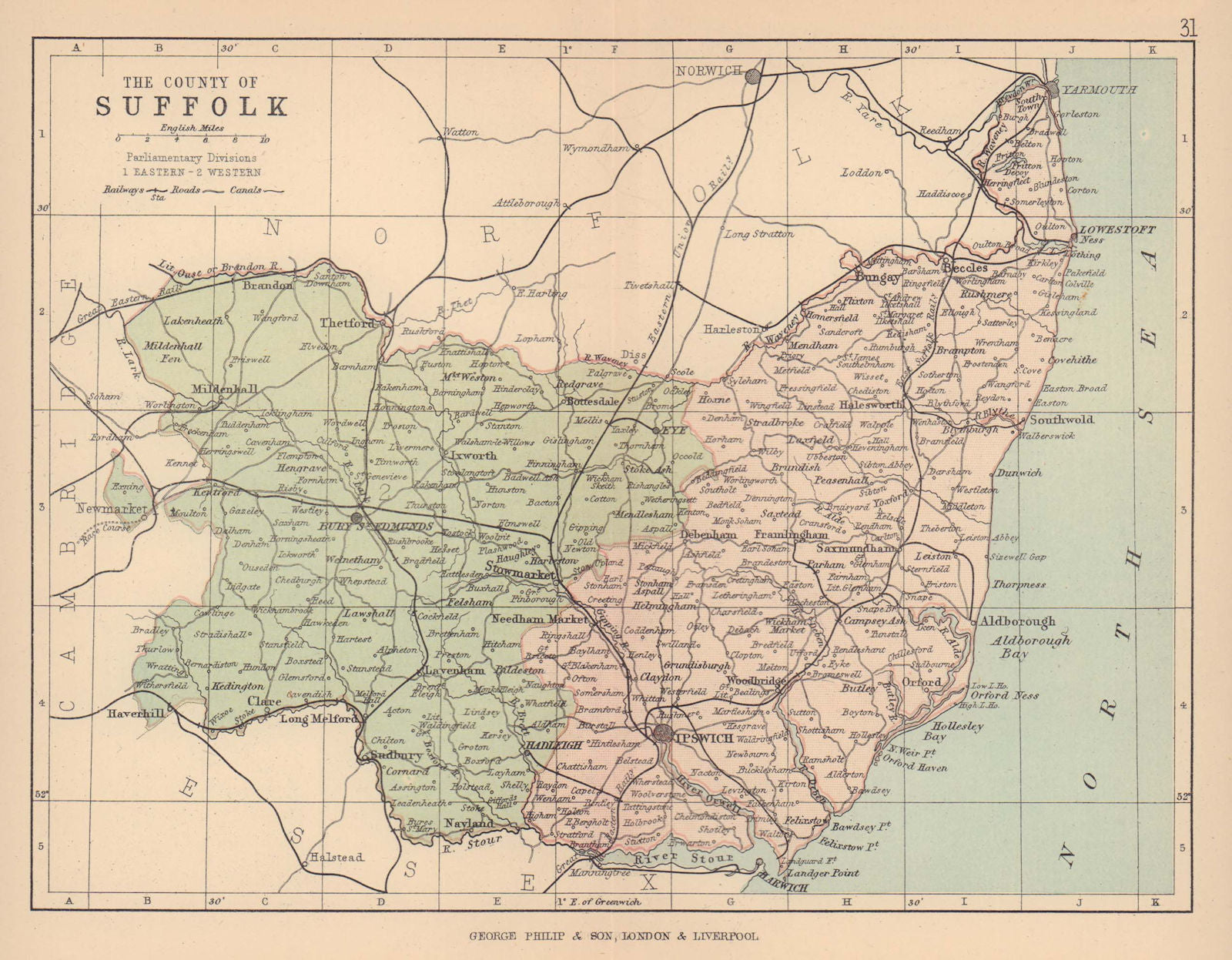 SUFFOLK. Antique county map. Railways roads canals. Constituencies ...