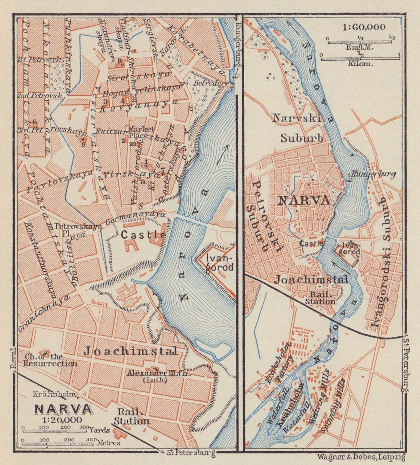 Narva town/city plan linna kaart. Estonia. BAEDEKER 1914 old antique ...