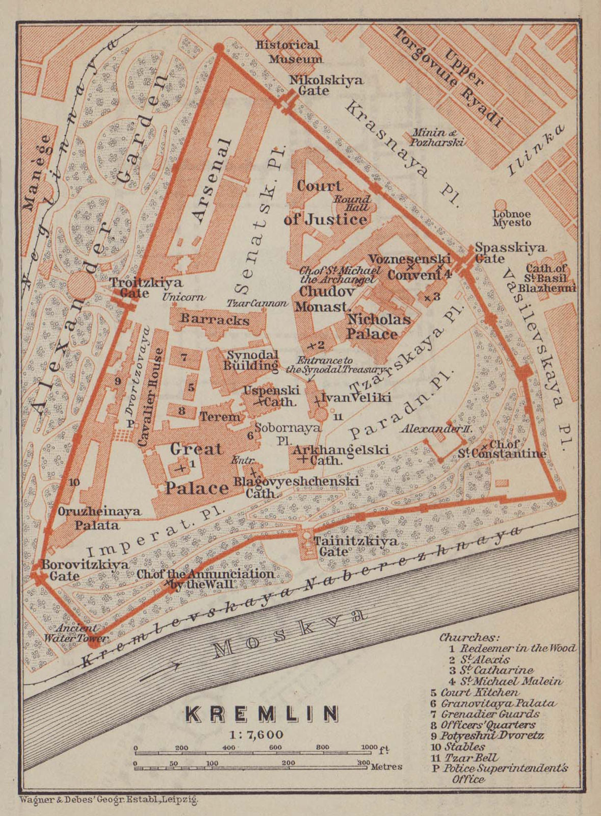 Kremlin ground/floor plan. Moscow, Russia. BAEDEKER 1914 old antique ...
