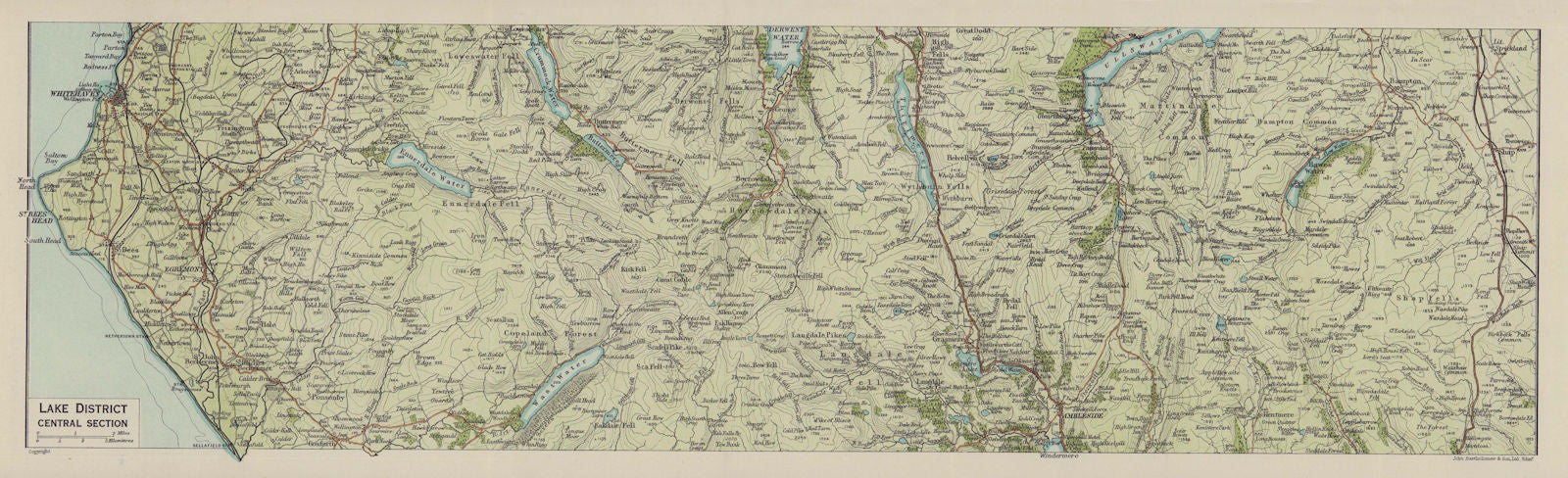 Lake District Central. Ambleside Ullswater Cumbria 1920 old antique map ...