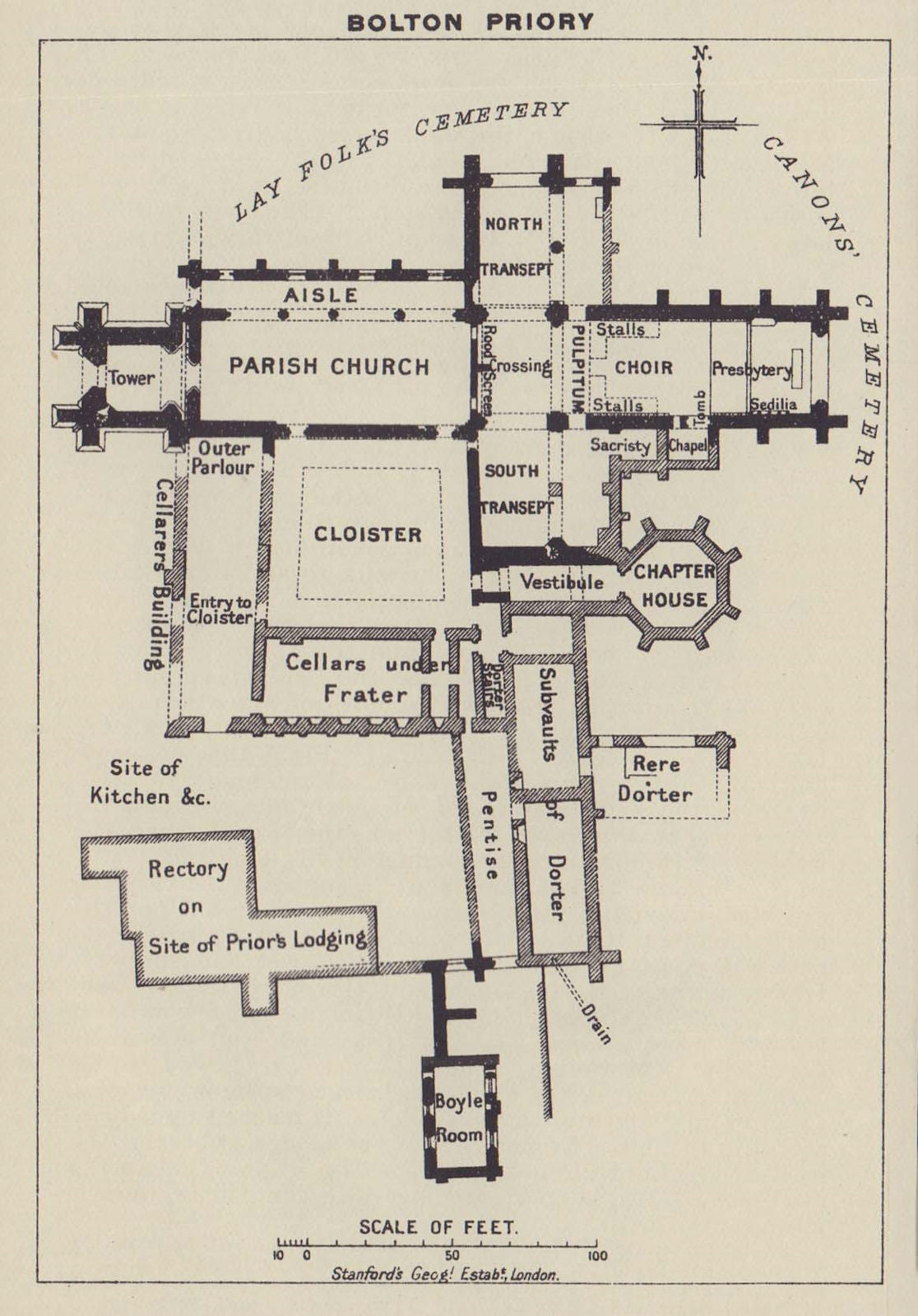 Bolton Priory ground floor plan. Yorkshire 1920 old antique map chart ...