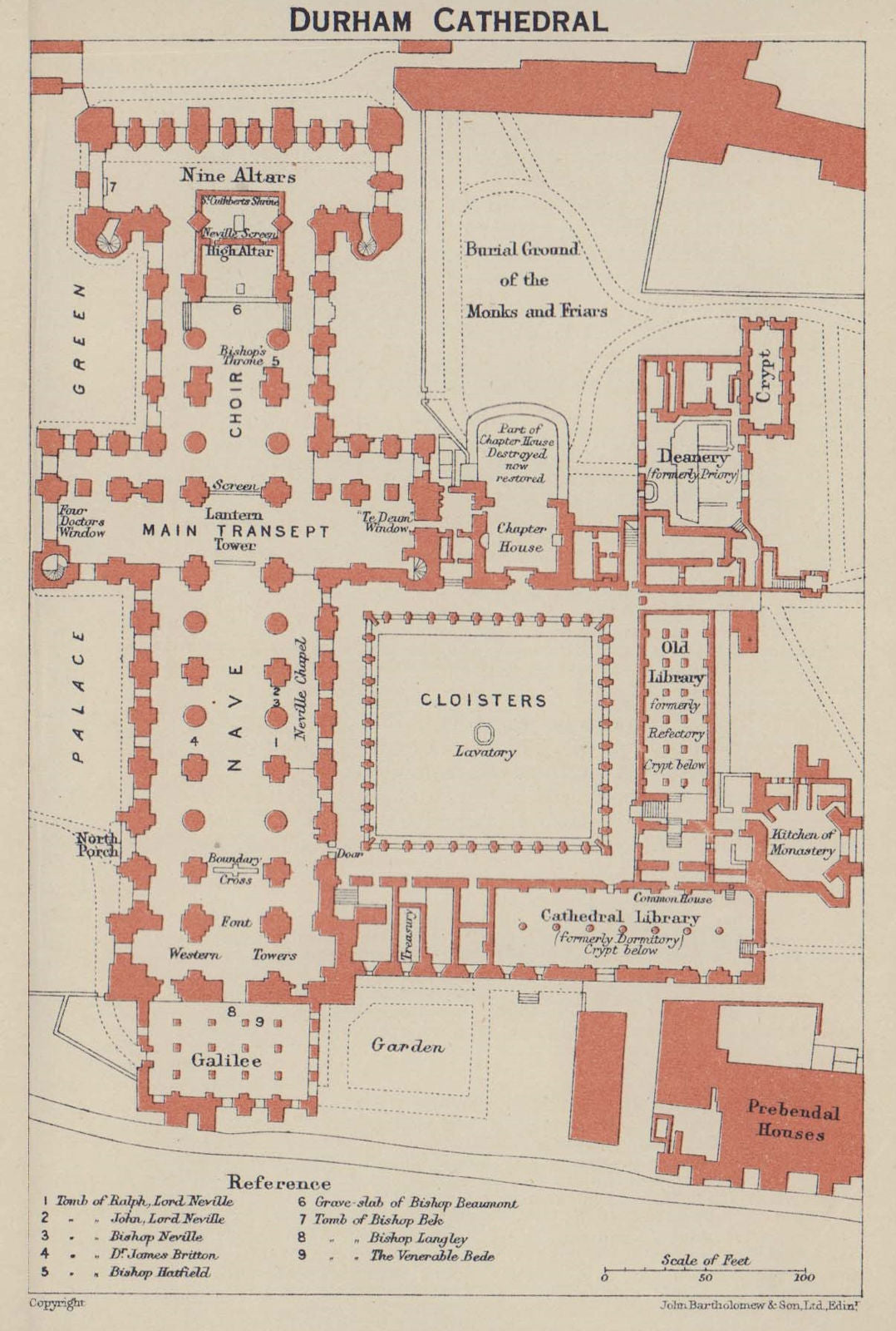 Durham Cathedral ground floor plan. Durham 1920 old antique map chart ...