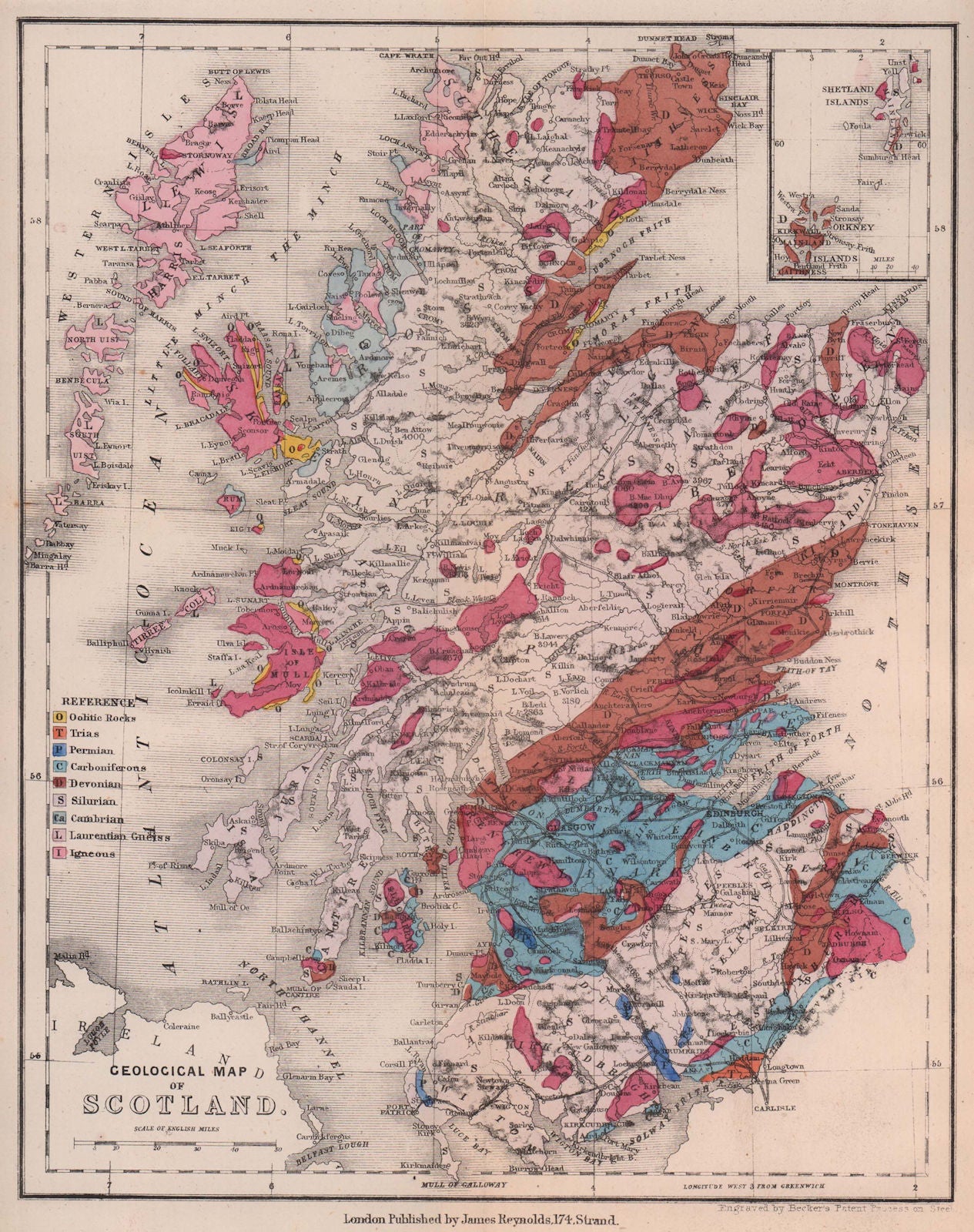 Antique geological map of Scotland by James Reynolds 1864 ...