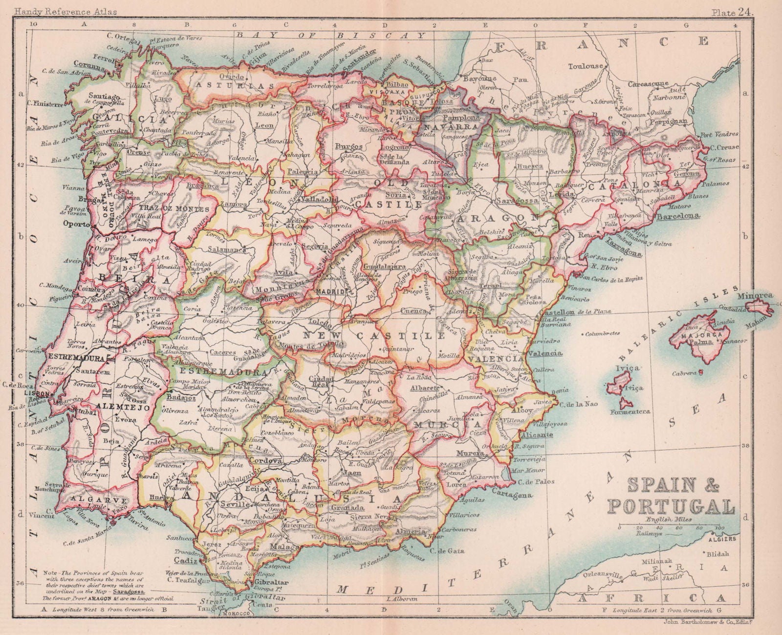Spain & Portugal. Iberia. BARTHOLOMEW 1893 old antique vintage map plan ...