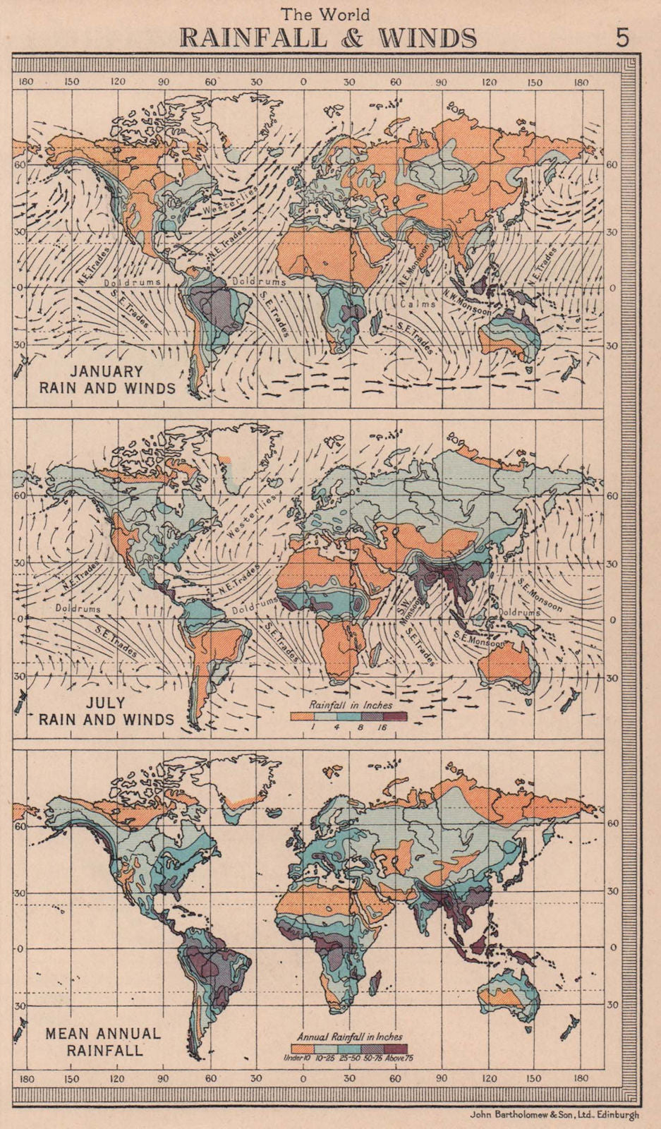 World - Rainfall and Winds. BARTHOLOMEW 1949 old vintage map plan chart ...