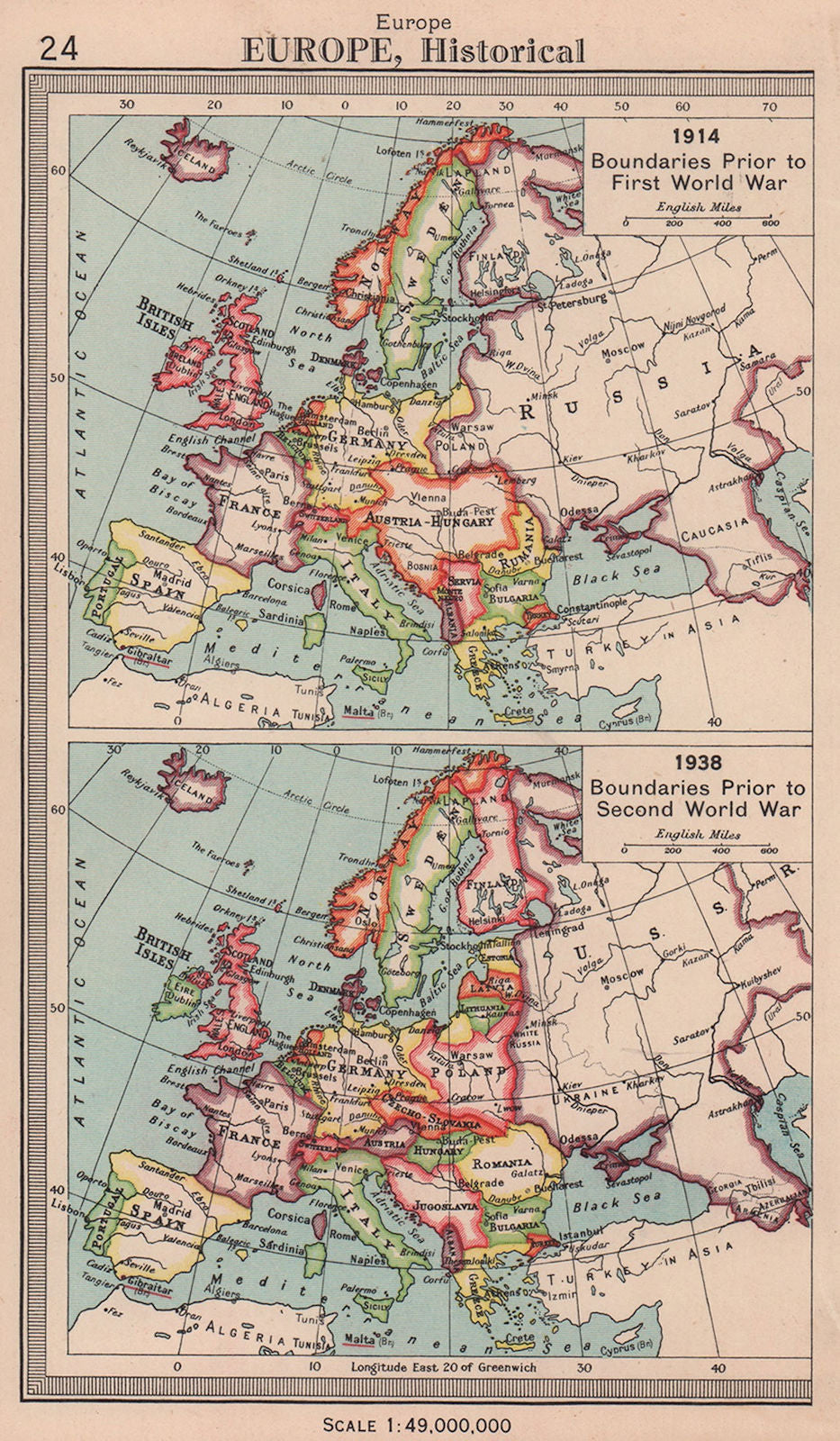 Europe borders in 1914 and 1938. BARTHOLOMEW 1949 old vintage map plan ...