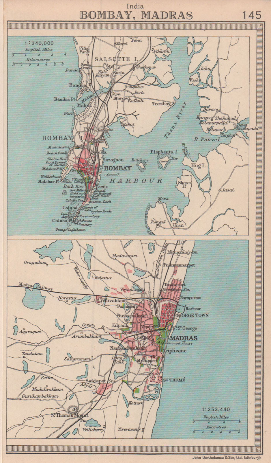Indian cities. Bombay Mumbai & Madras. BARTHOLOMEW 1949 old vintage map ...
