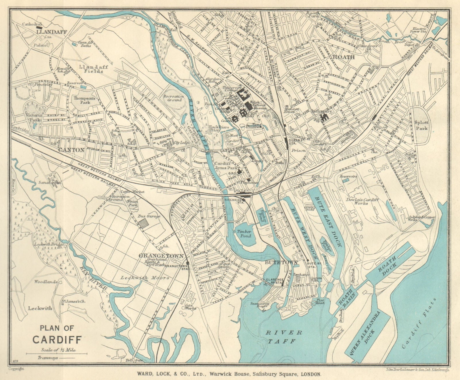 CARDIFF vintage city town plan. Wales. WARD LOCK 1950 old vintage map ...