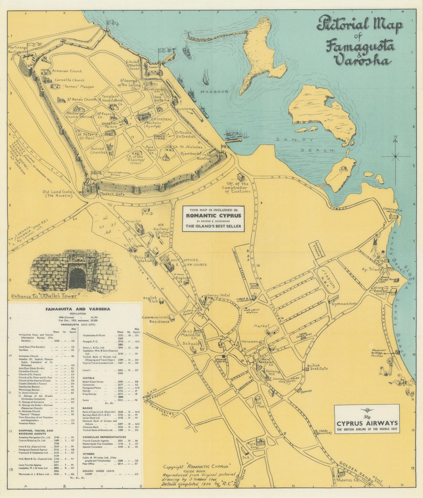 Famagusta & Varosha pictorial map vintage city plan Gazimagusa Cyprus ...