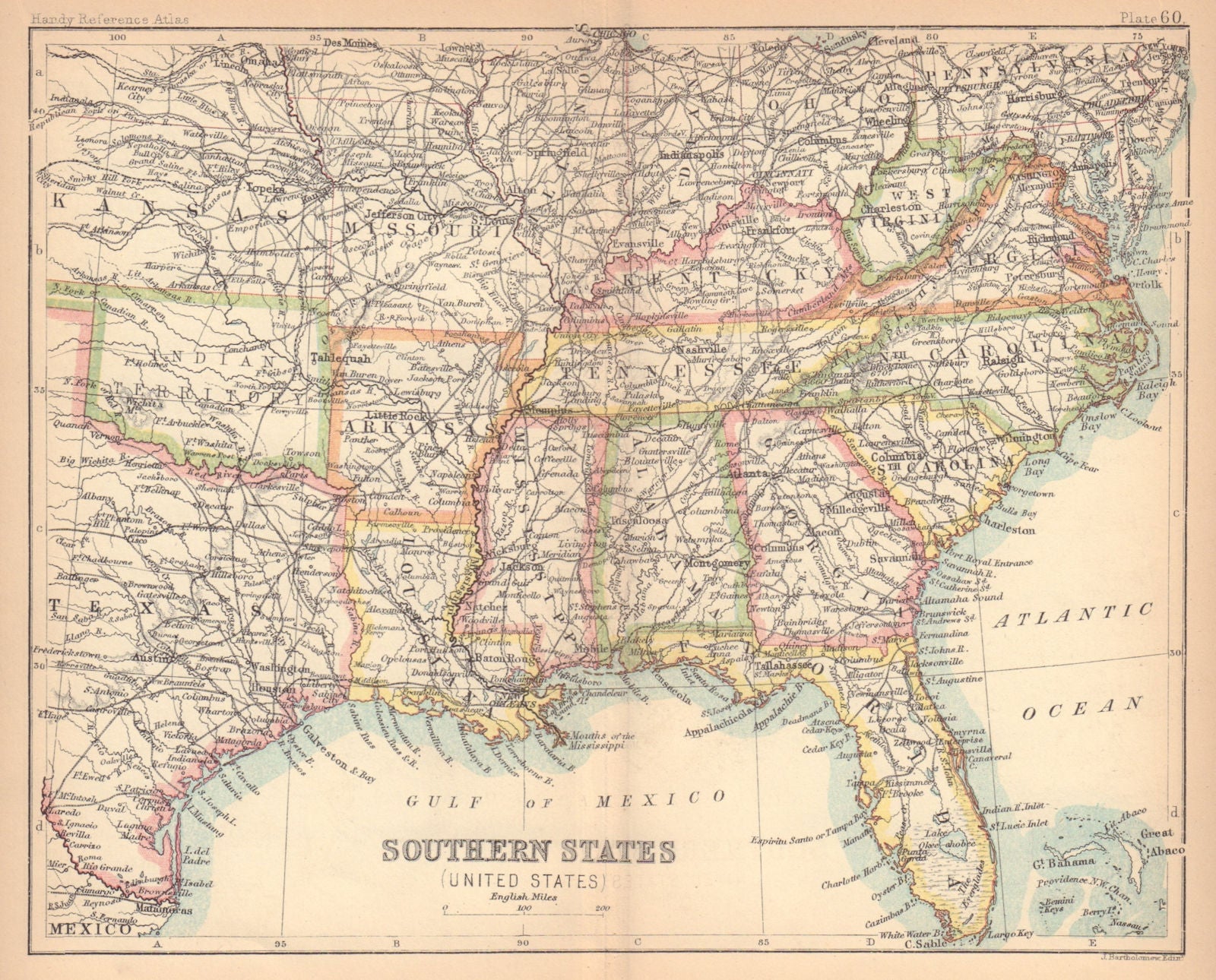 Southeastern USA. Indian Territory. ARTHOLOMEW 1888 old antique map ...