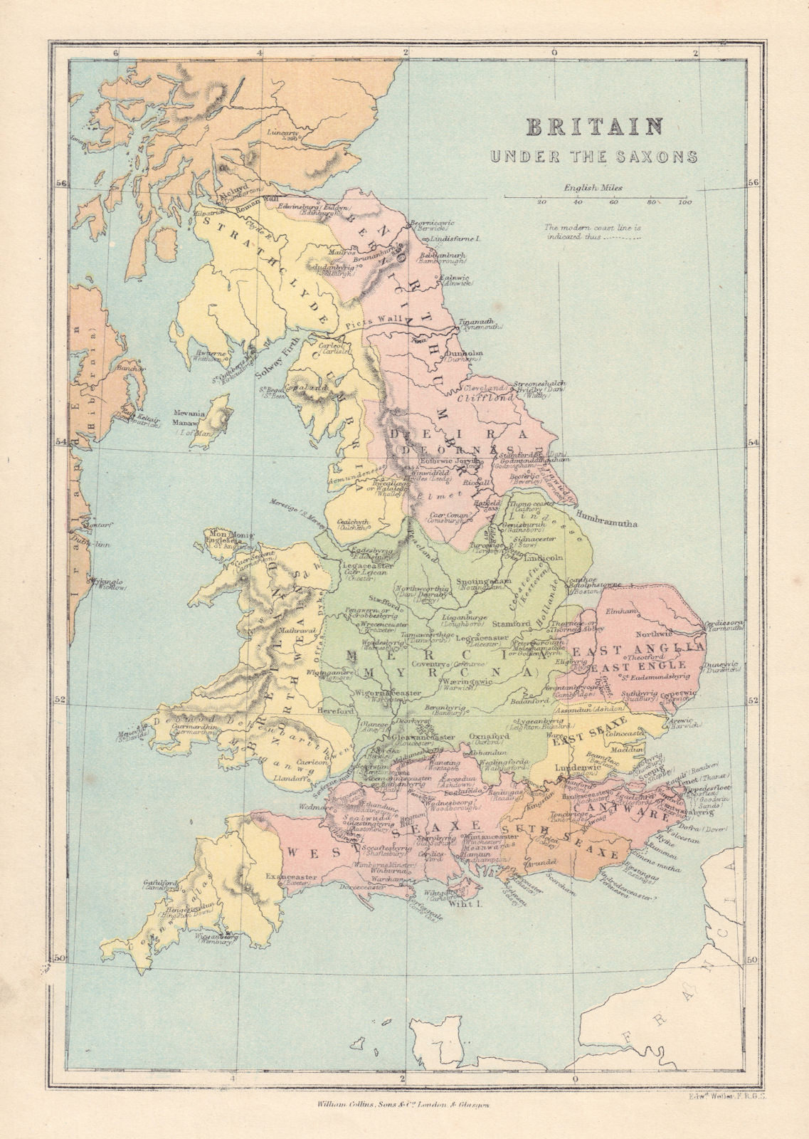 SAXON BRITAIN showing provinces/counties & Saxon town names. COLLINS ...