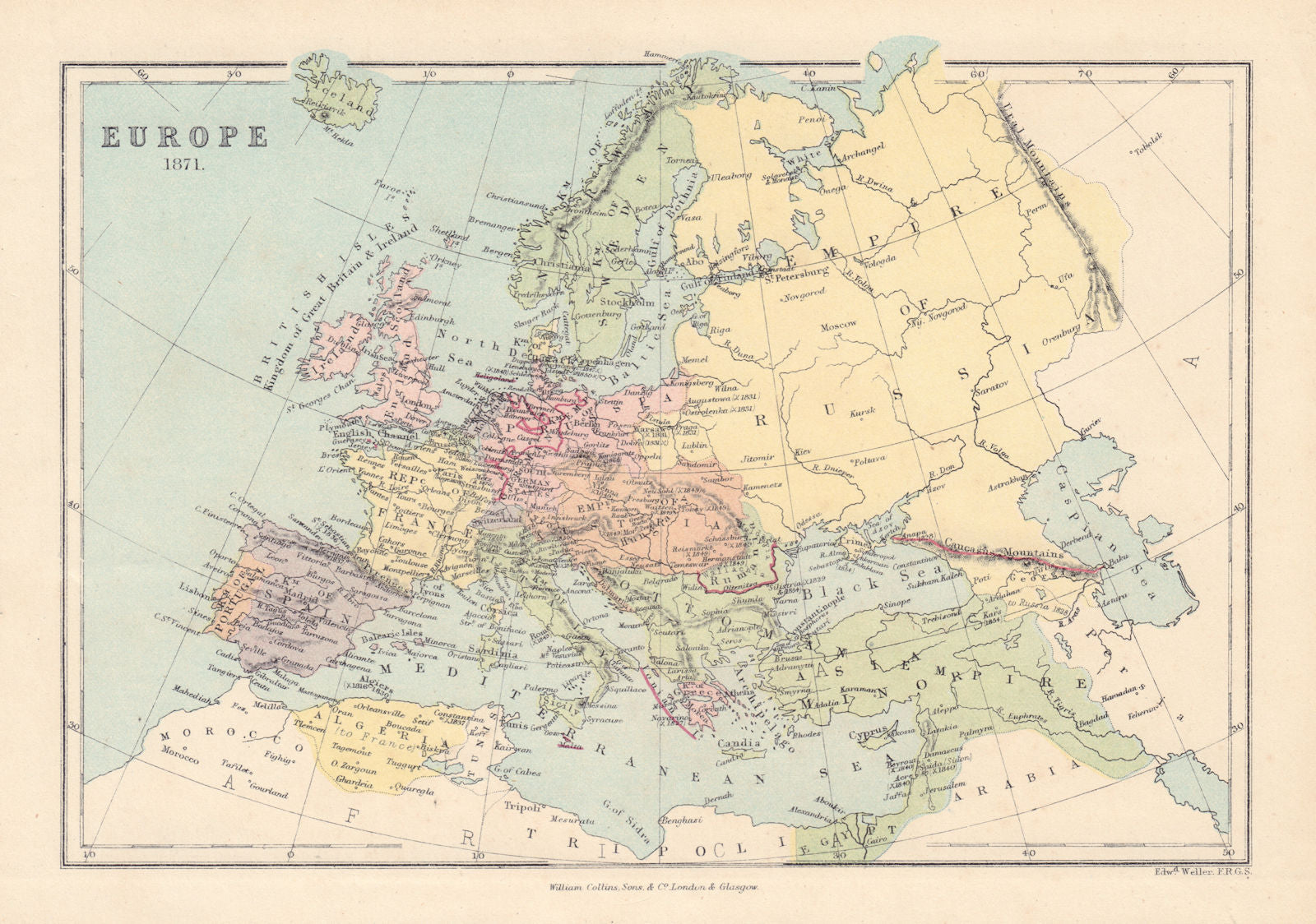 EUROPE in 1871 showing selected key 19C battles & dates. COLLINS 1873 ...
