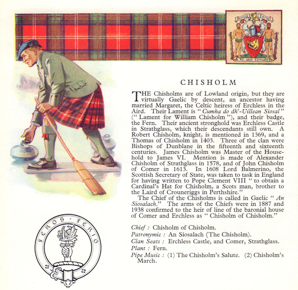 Chisholm. Scotland Scottish clans tartans arms badge 1963 old vintage ...