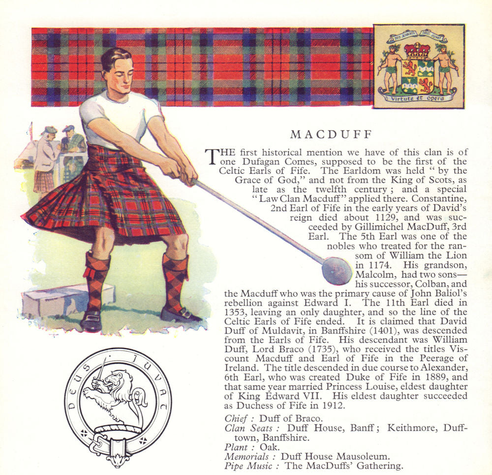 MacDuff. Scotland Scottish clans tartans arms badge 1963 old vintage ...