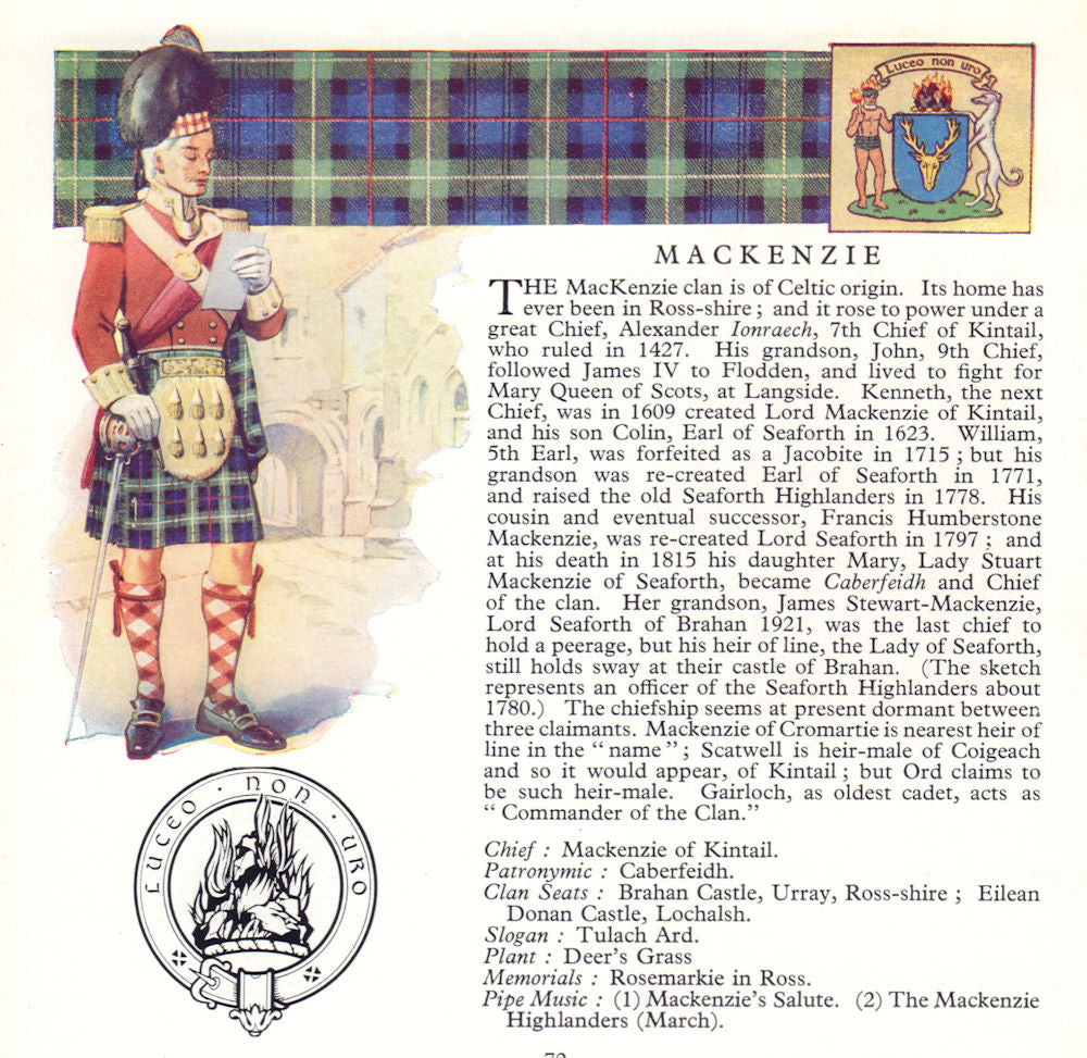 MacKenzie. Scotland Scottish clans tartans arms badge 1963 old vintage ...