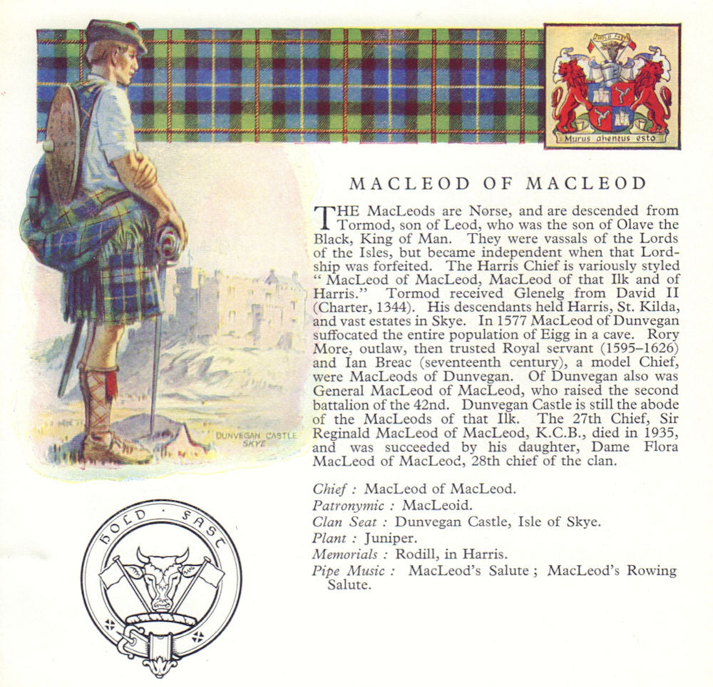 MacLeod of Macleod. Scotland Scottish clans tartans arms badge 1963 old ...